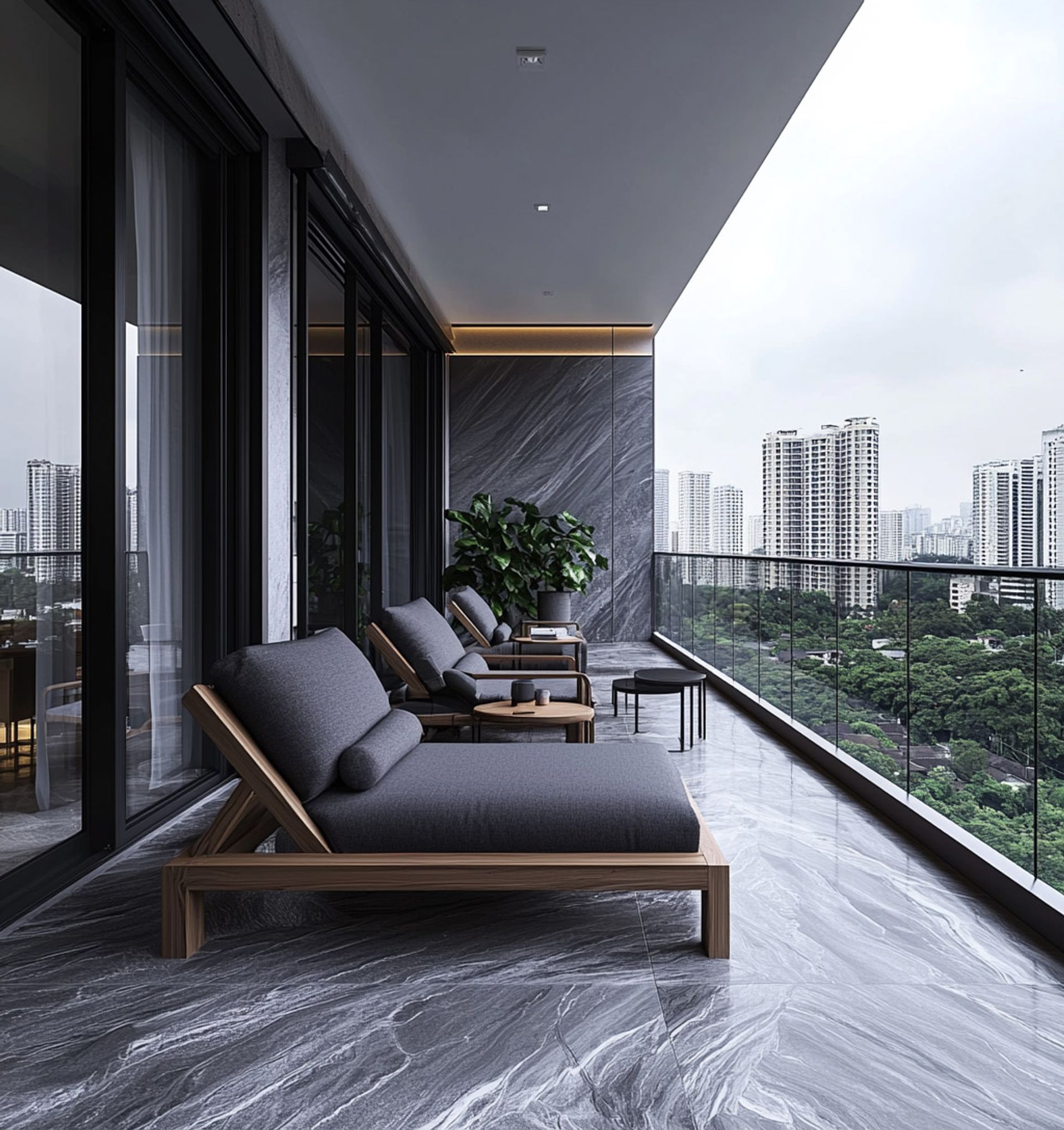 Balcony Design with Modern Veined Marble Walls and Outdoor Lounging ...