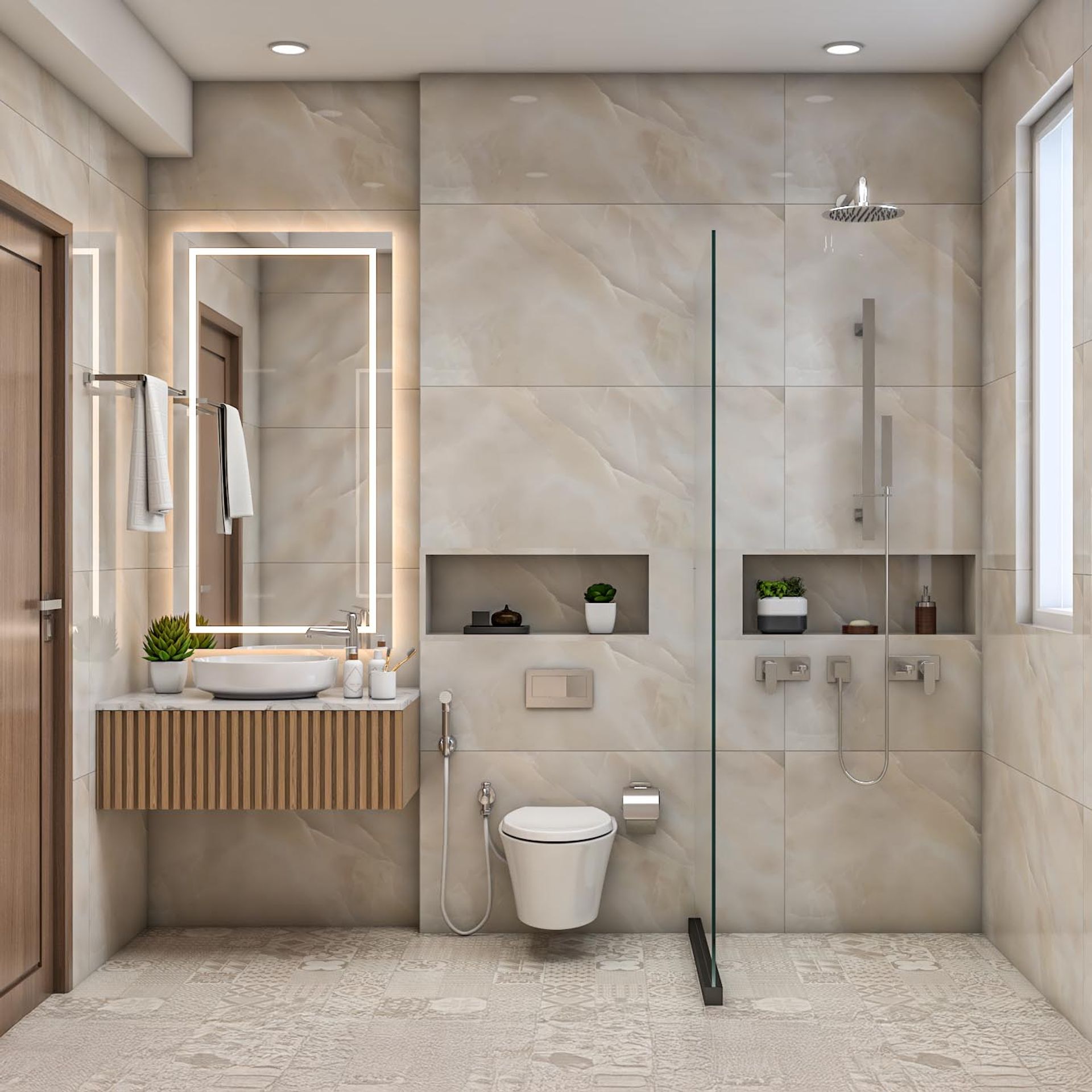 Beige Contemporary Bathroom Design With Quartz Vanity and Patterned ...