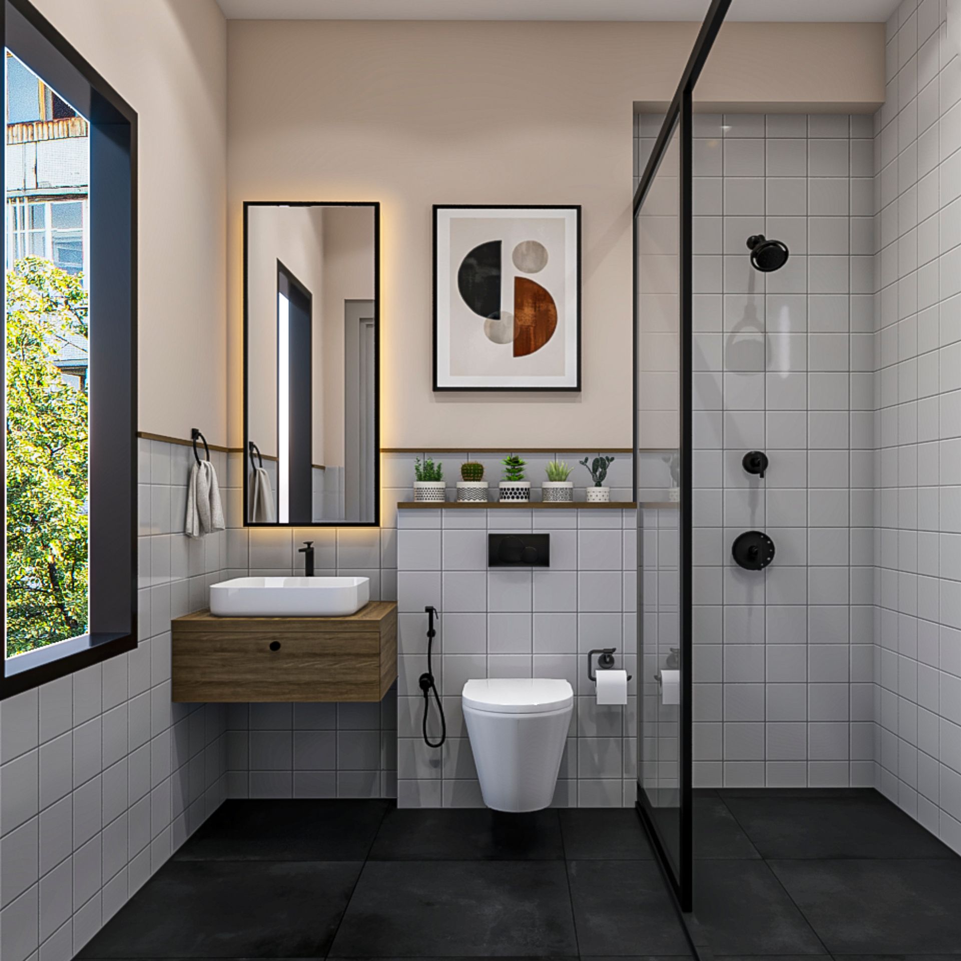 Modern Bathroom Design with Vanity Storage and Glass Shower Partition | Livspace
