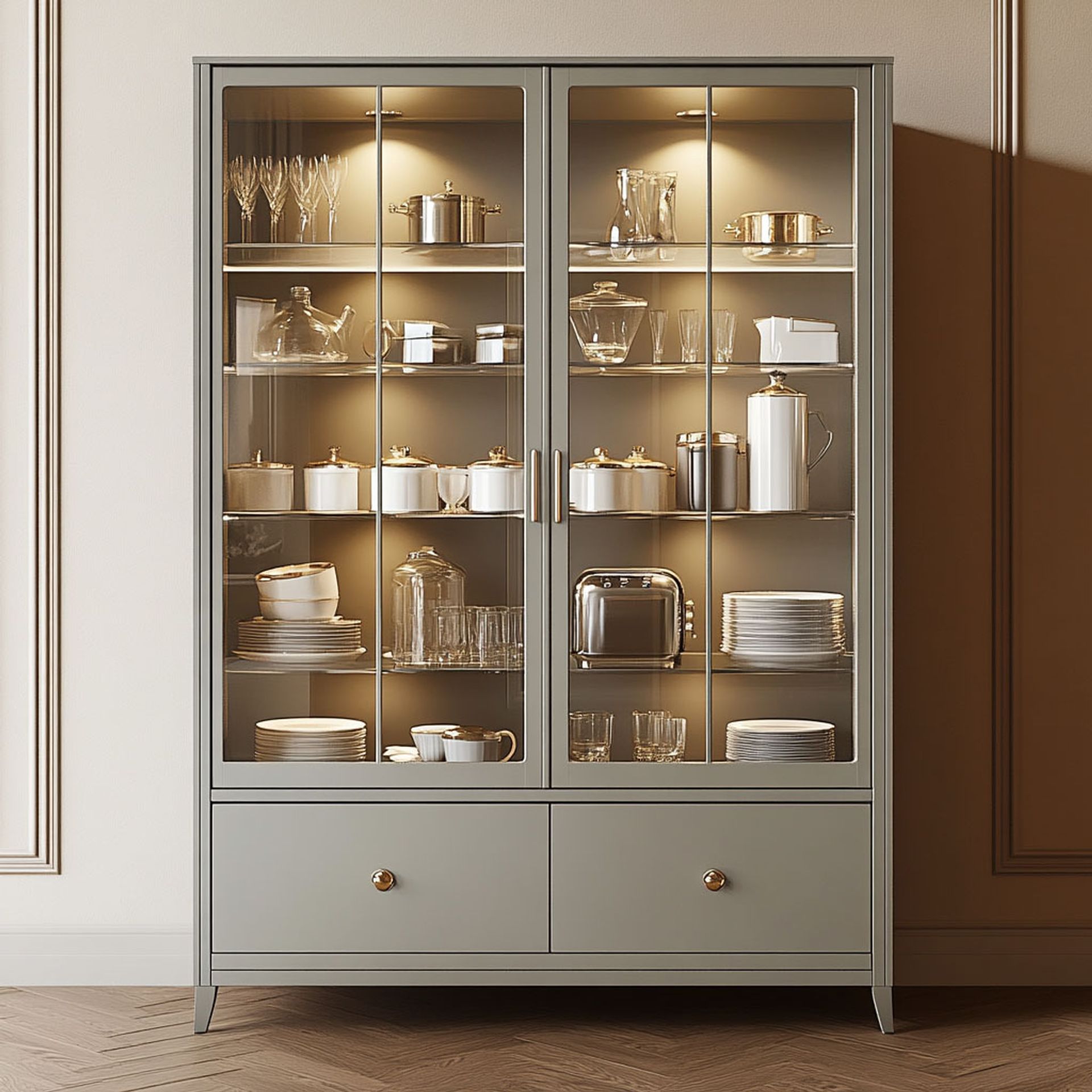 Classic Grey Crockery Unit Design With Drawers and Glass Shelves | Livspace