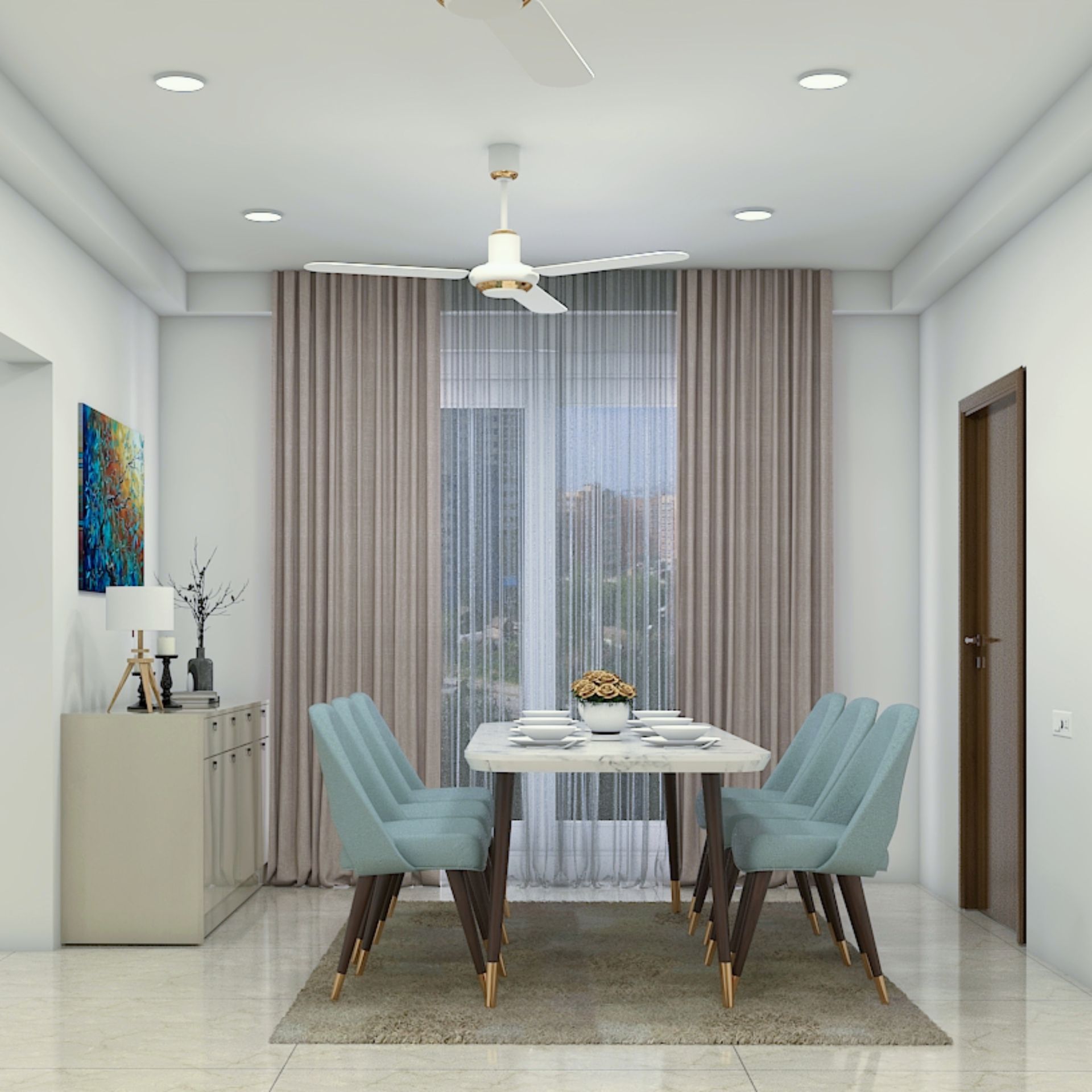 Contemporary Dining Room Design with Sideboard and Marble Table | Livspace
