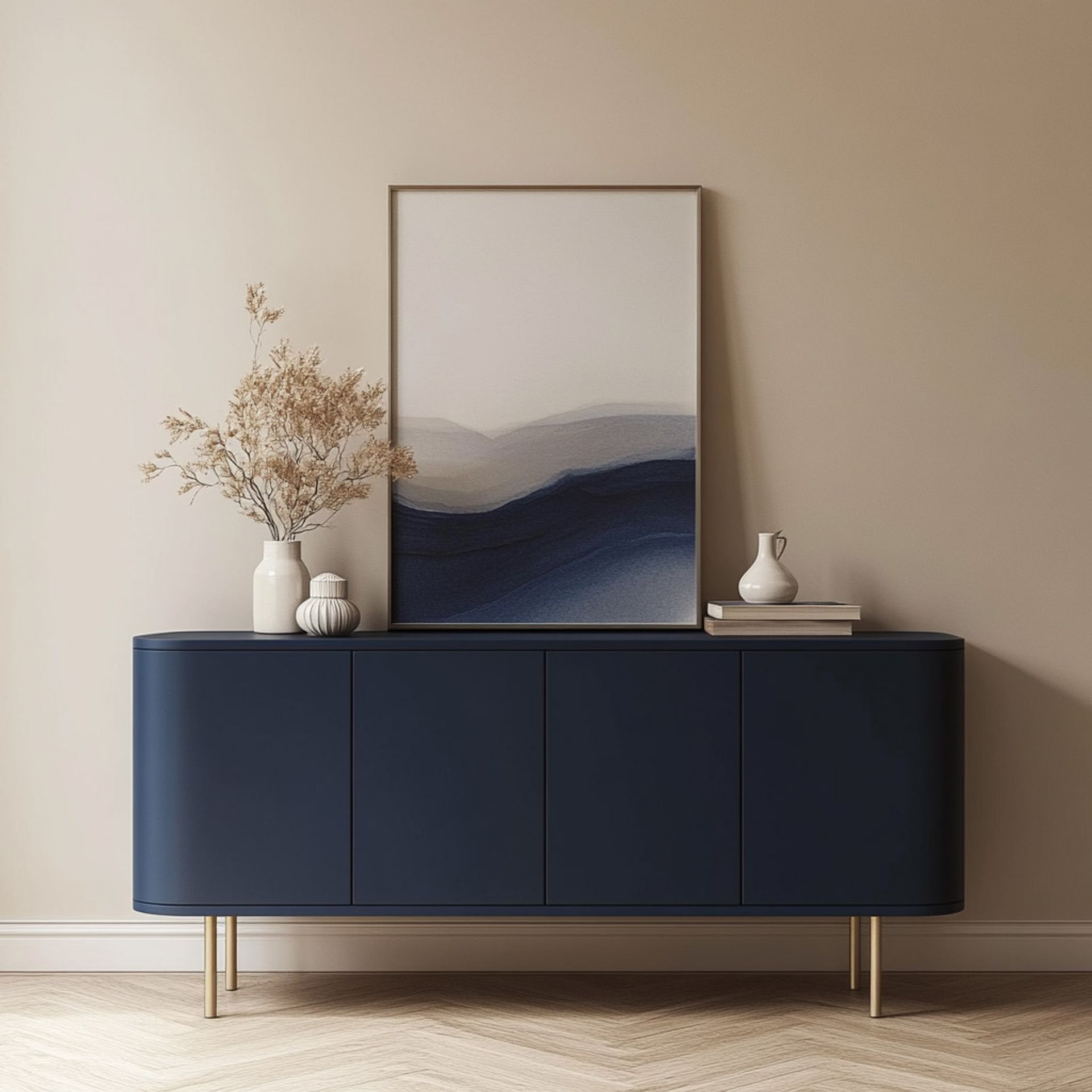 Modern Blue Foyer Design with Rounded Console Unit, Suede Finish and ...