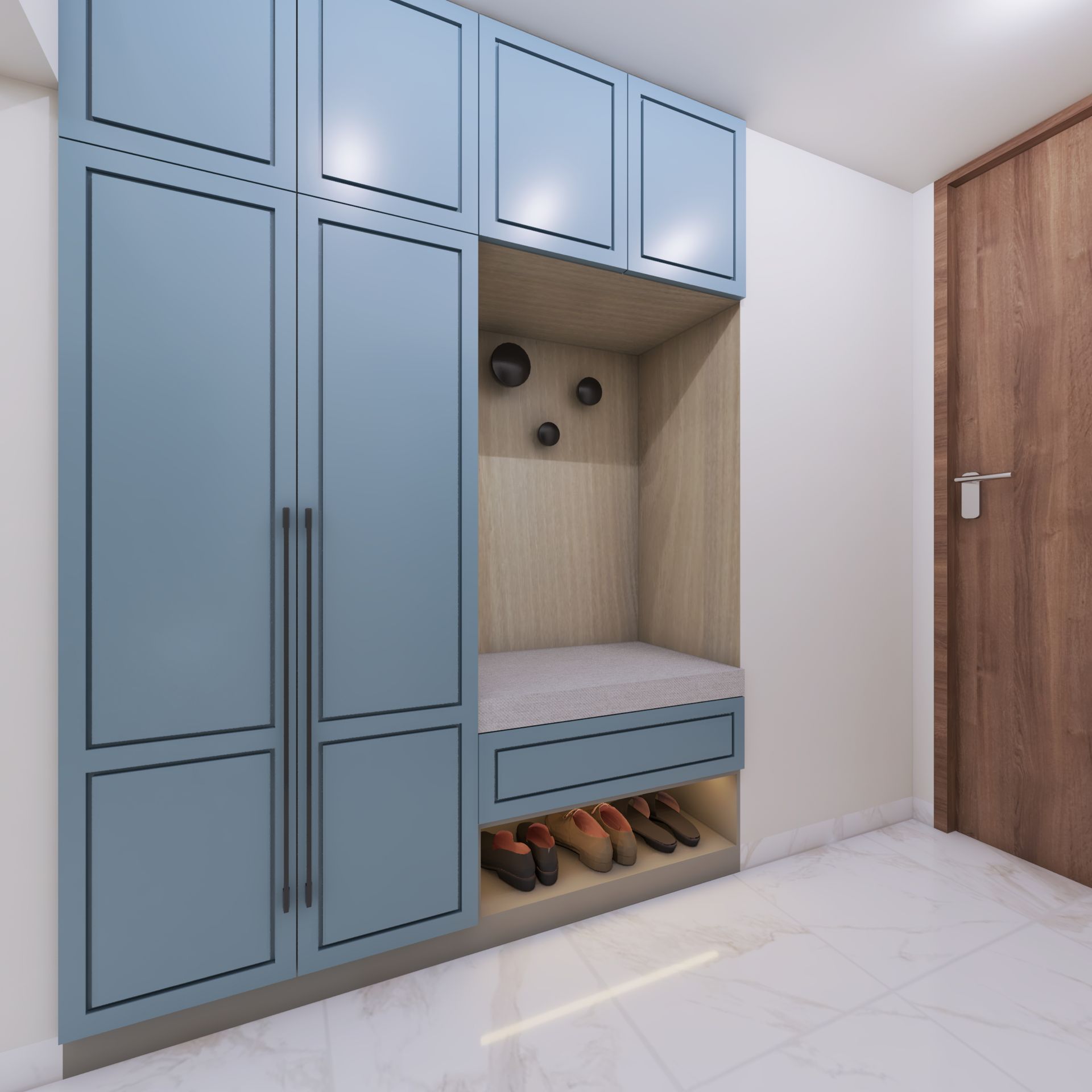 Modern Foyer Design With Overhead Cabinets, Open Shoe Rack and Built-In ...