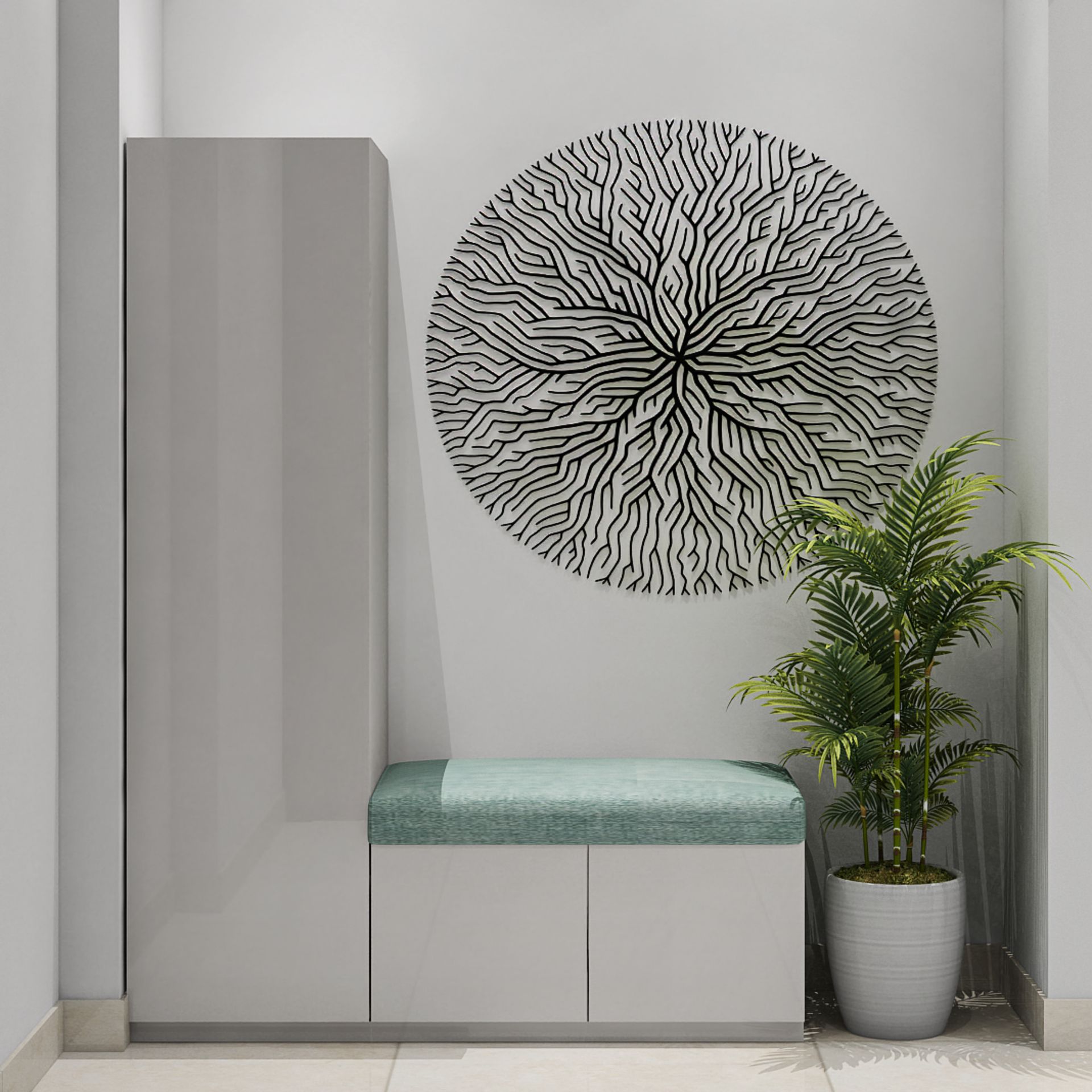 Modern Smoke Grey Foyer Design With Storage and Bench Seating | Livspace