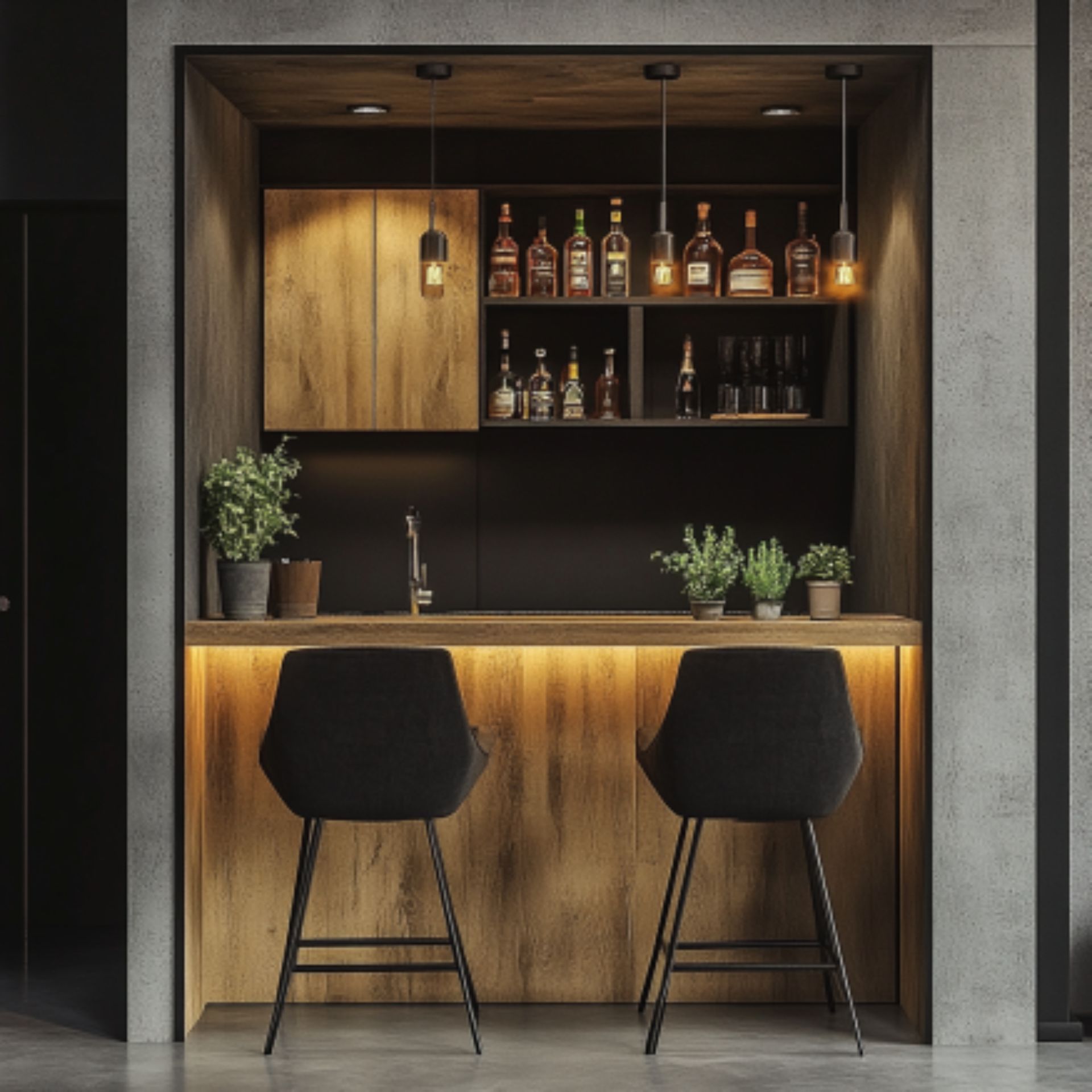 Industrial-Style Home Bar Design With Built-In Faucet and Bar ...