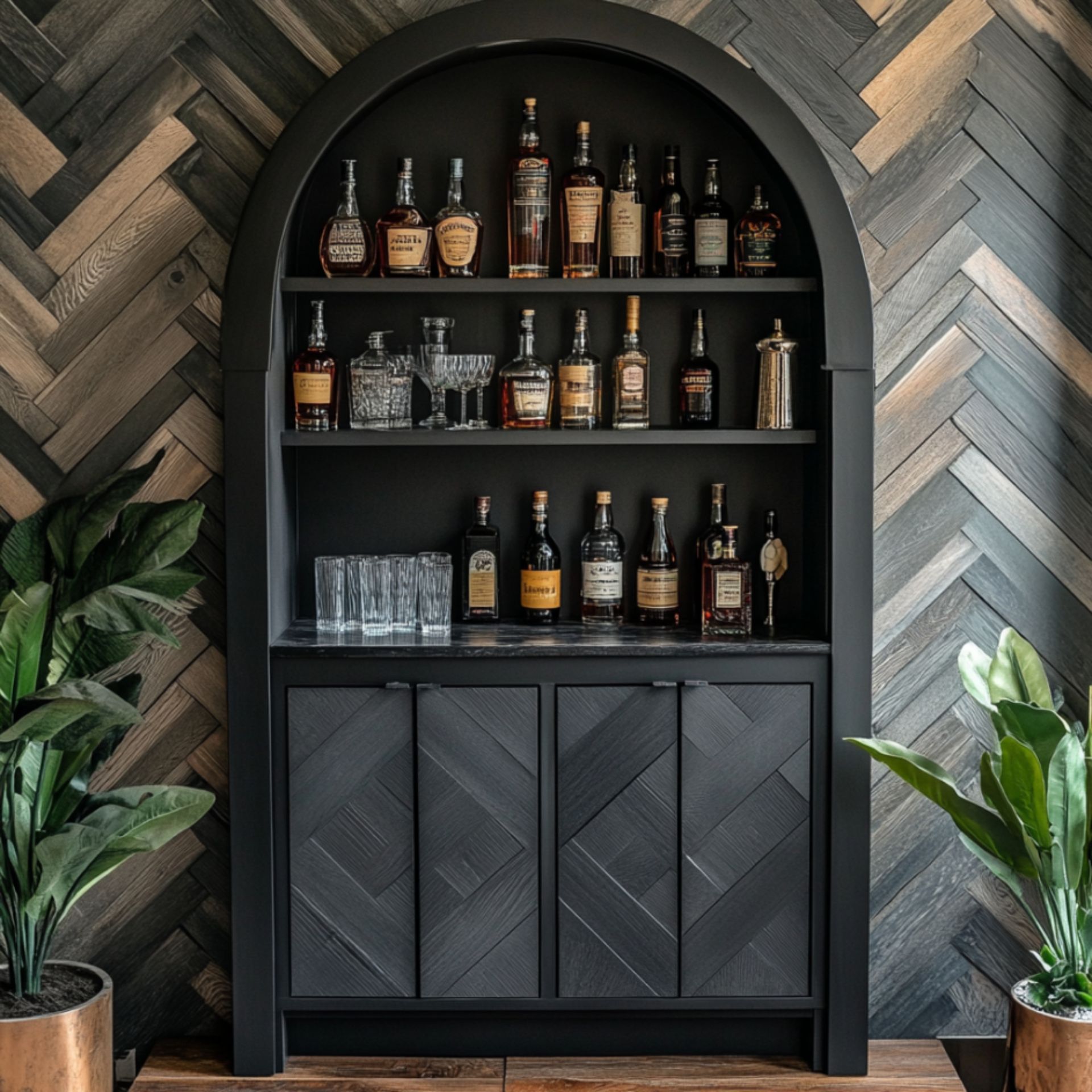 Black Vintage Home Bar Design With Classic Cabinet Storage and Flat ...