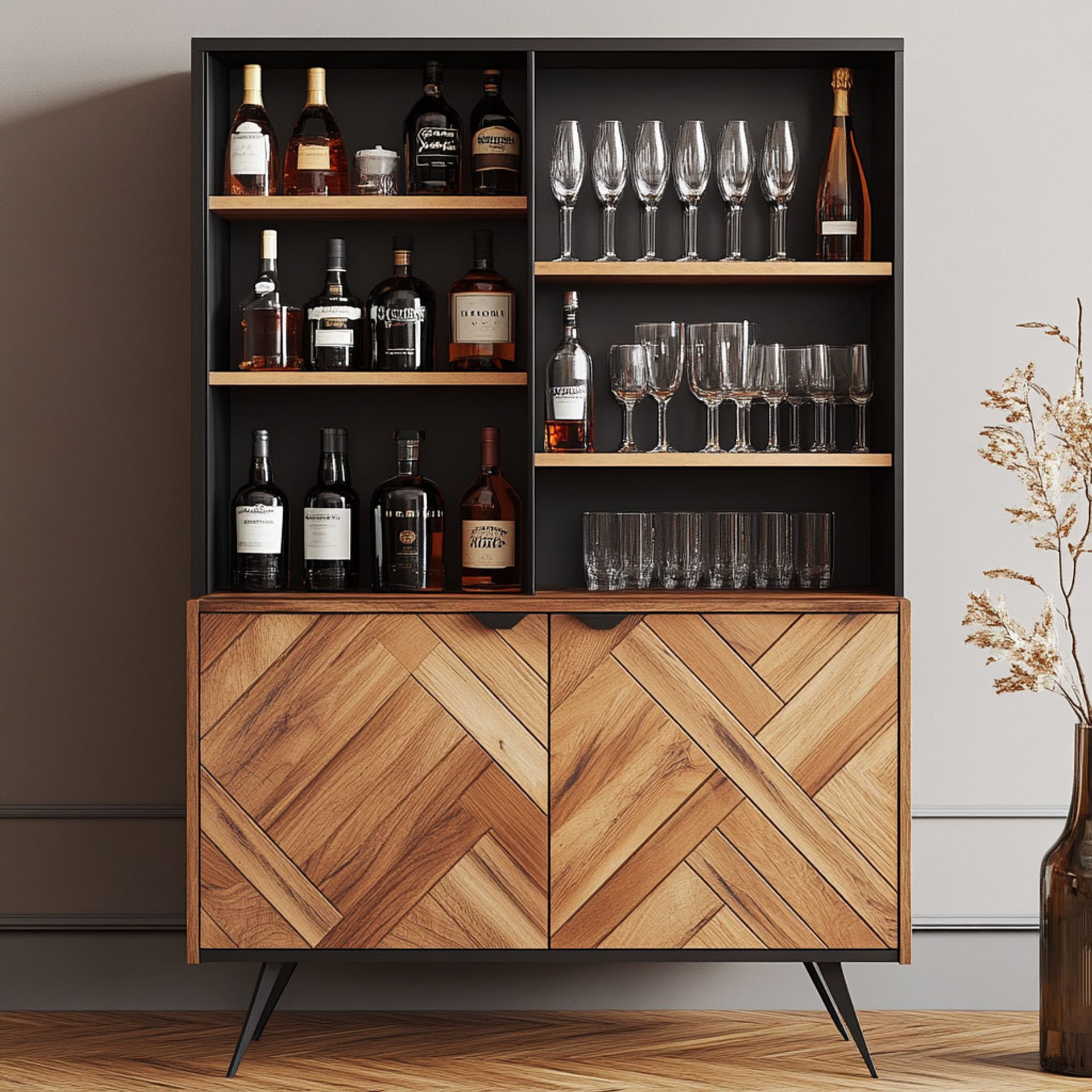 Modern Home Bar Design with Open Shelves and Concealed Storage | Livspace