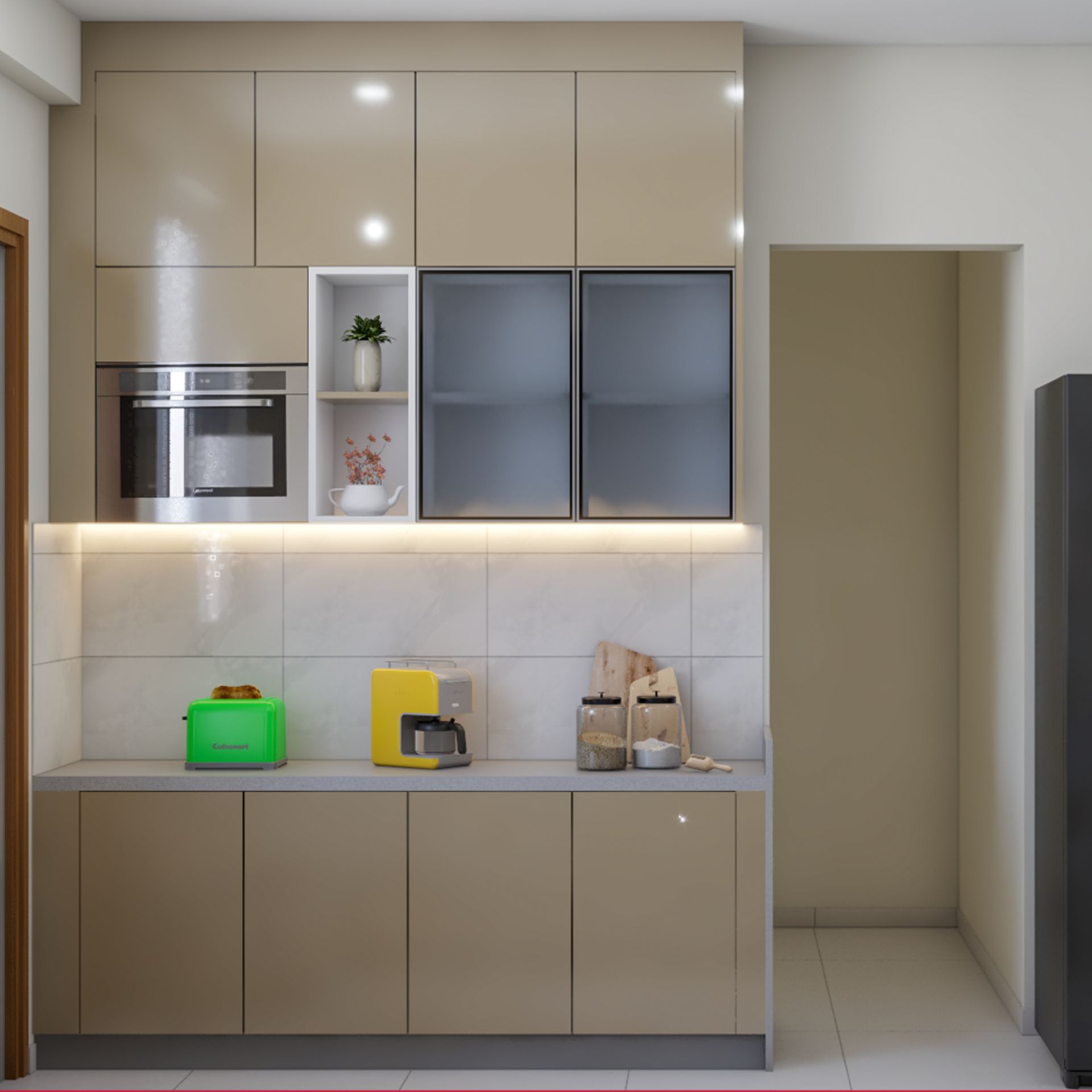 Contemporary L-Shape Kitchen Design with Handleless Cabinets and Under ...