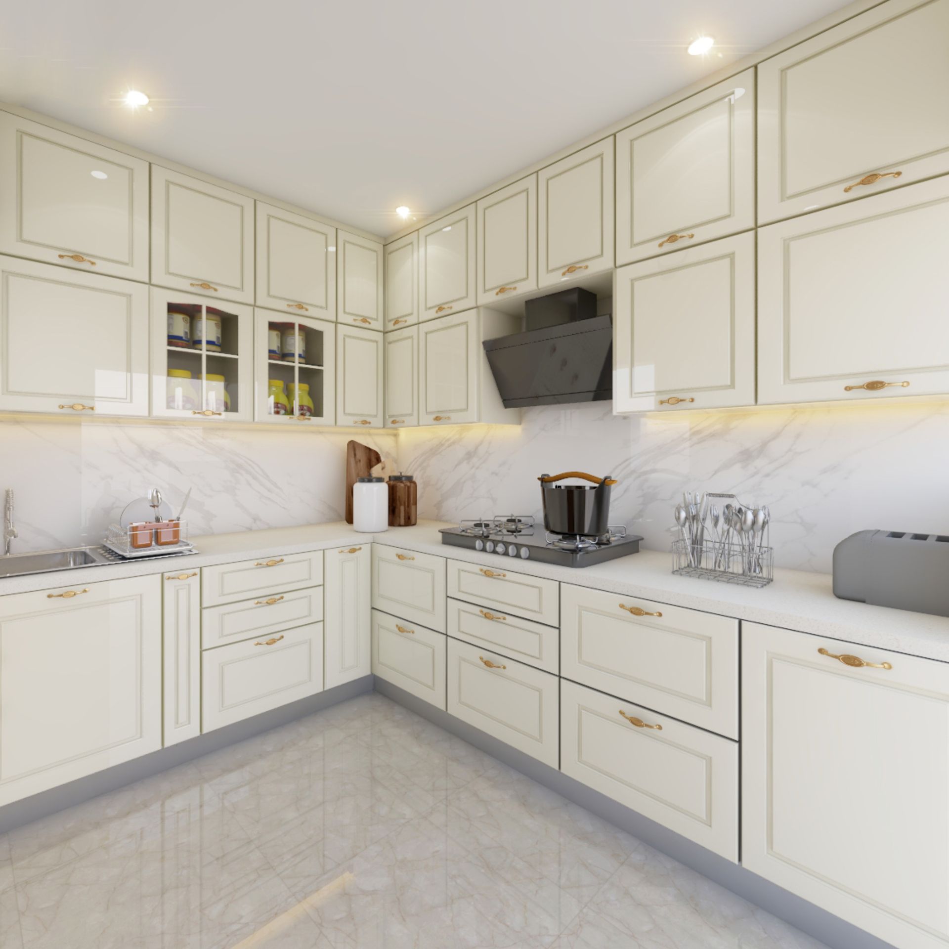 Classic L-Shaped Kitchen Design With Gold Hardware, Quartz Countertop ...