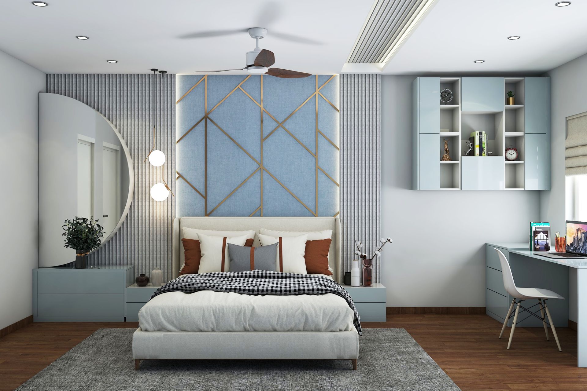 Contemporary Master Bedroom Design with Study Table, Upholstered Walls ...
