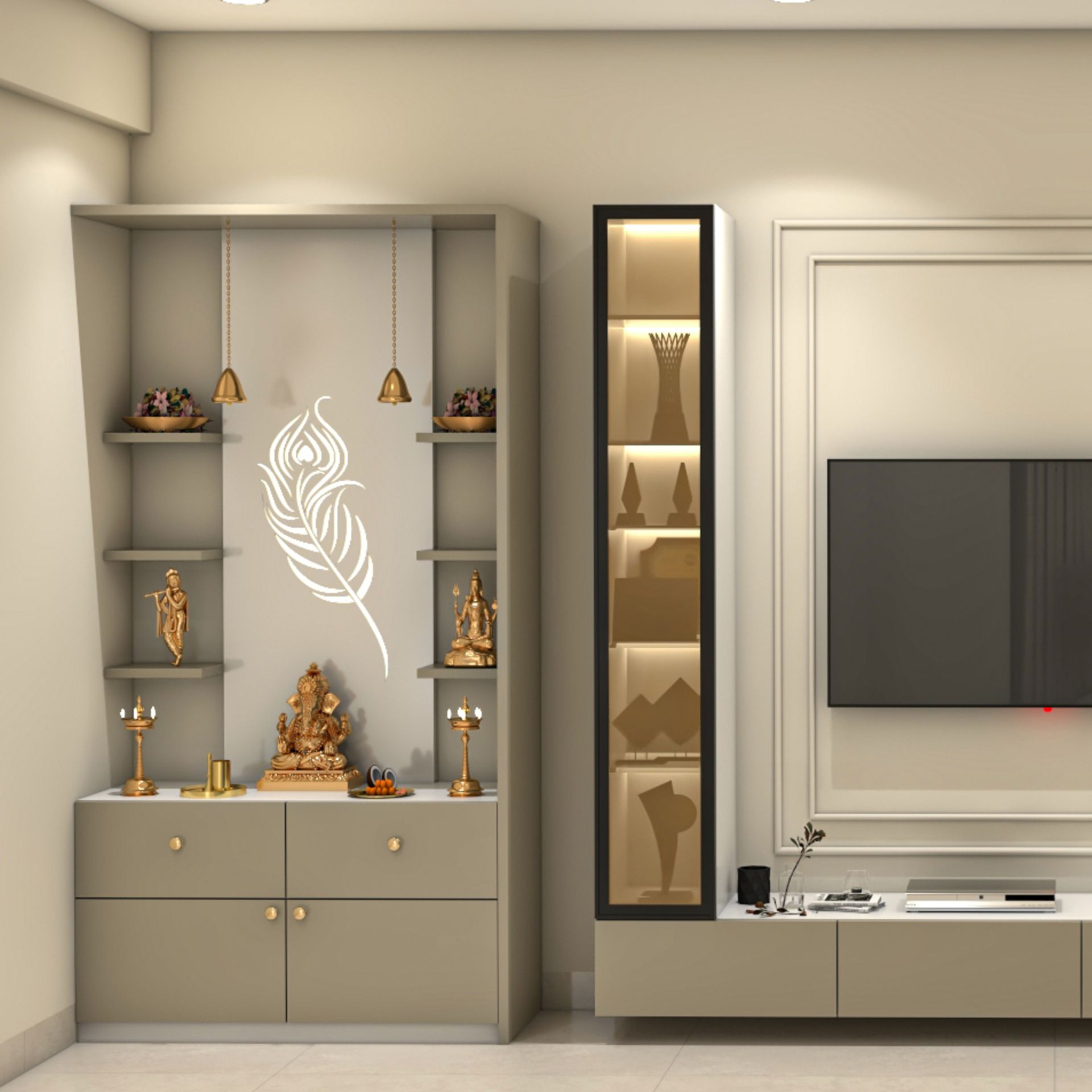 Cream Floor-Mounted Contemporary Pooja Unit Design with Open Shelving ...