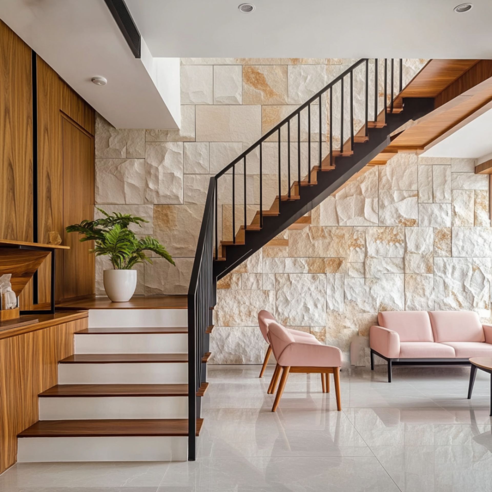 L-Shaped Staircase Design With Tiled Risers and Wood-Metal Build | Livspace