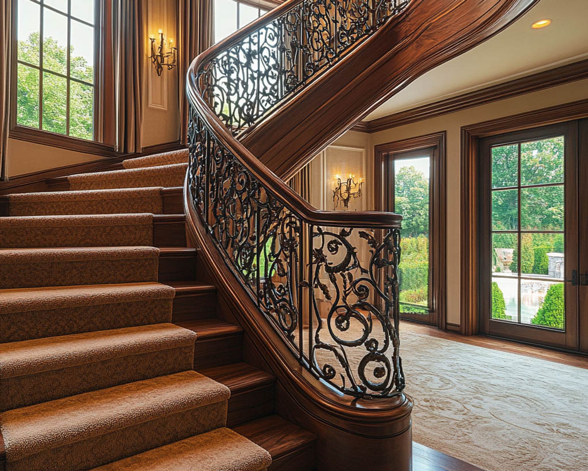 Classic Dark Hardwood Curved Staircase Design With Ornate Iron ...