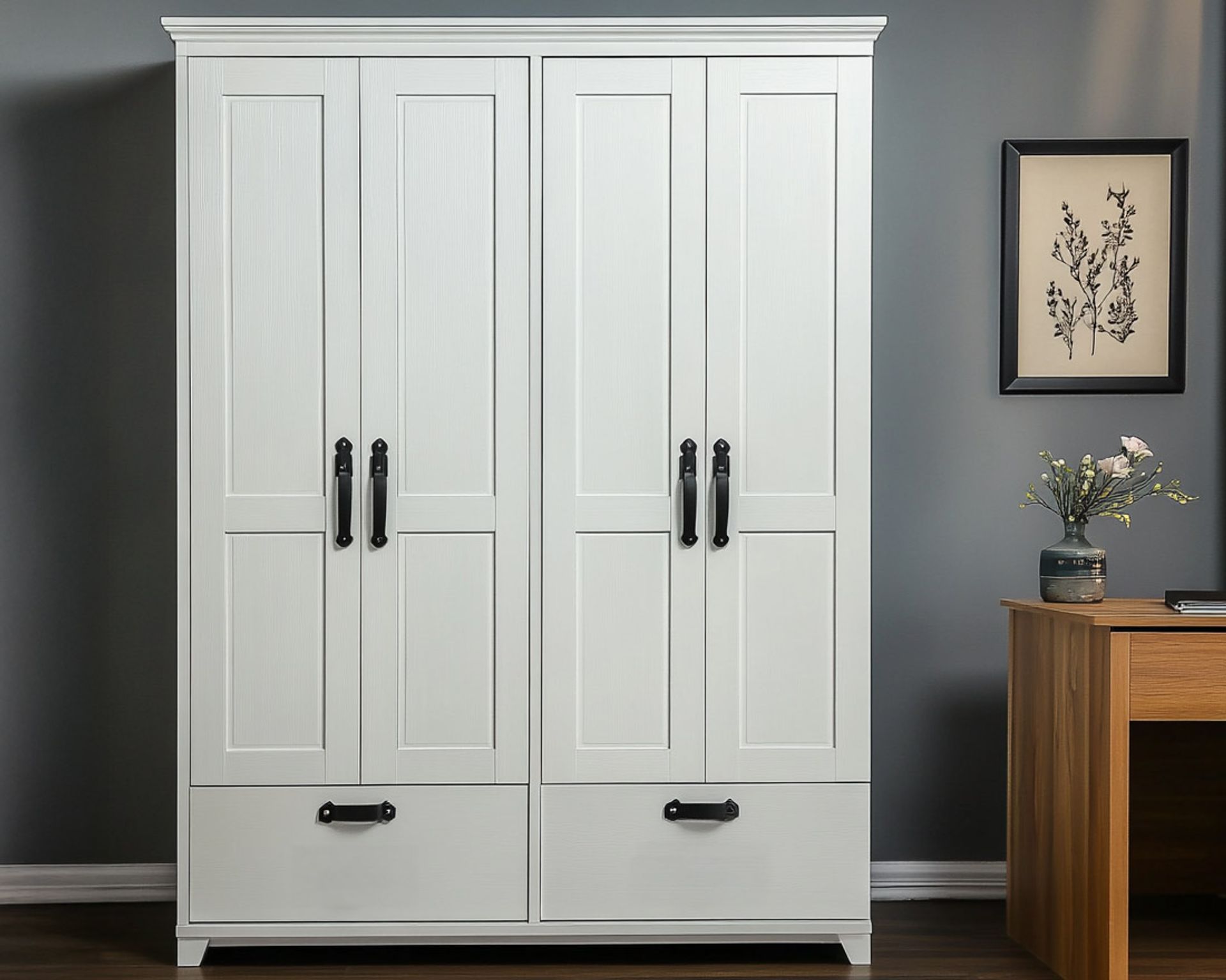 Off White Modern 4-Door Swing Wardrobe Design with Bottom Drawers ...