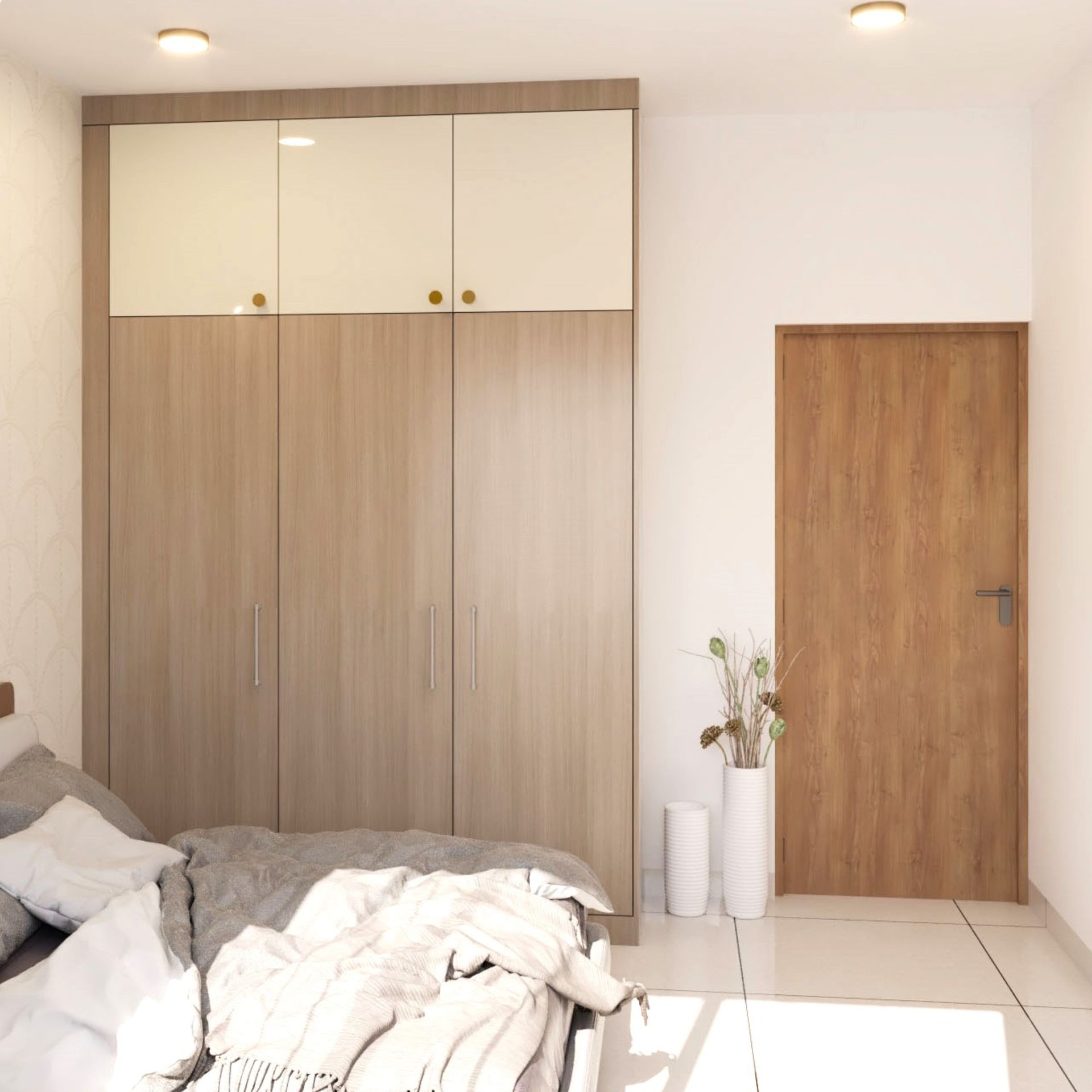 Suede Finish Modern 3-Door Swing Wardrobe Design with Loft in Cream ...
