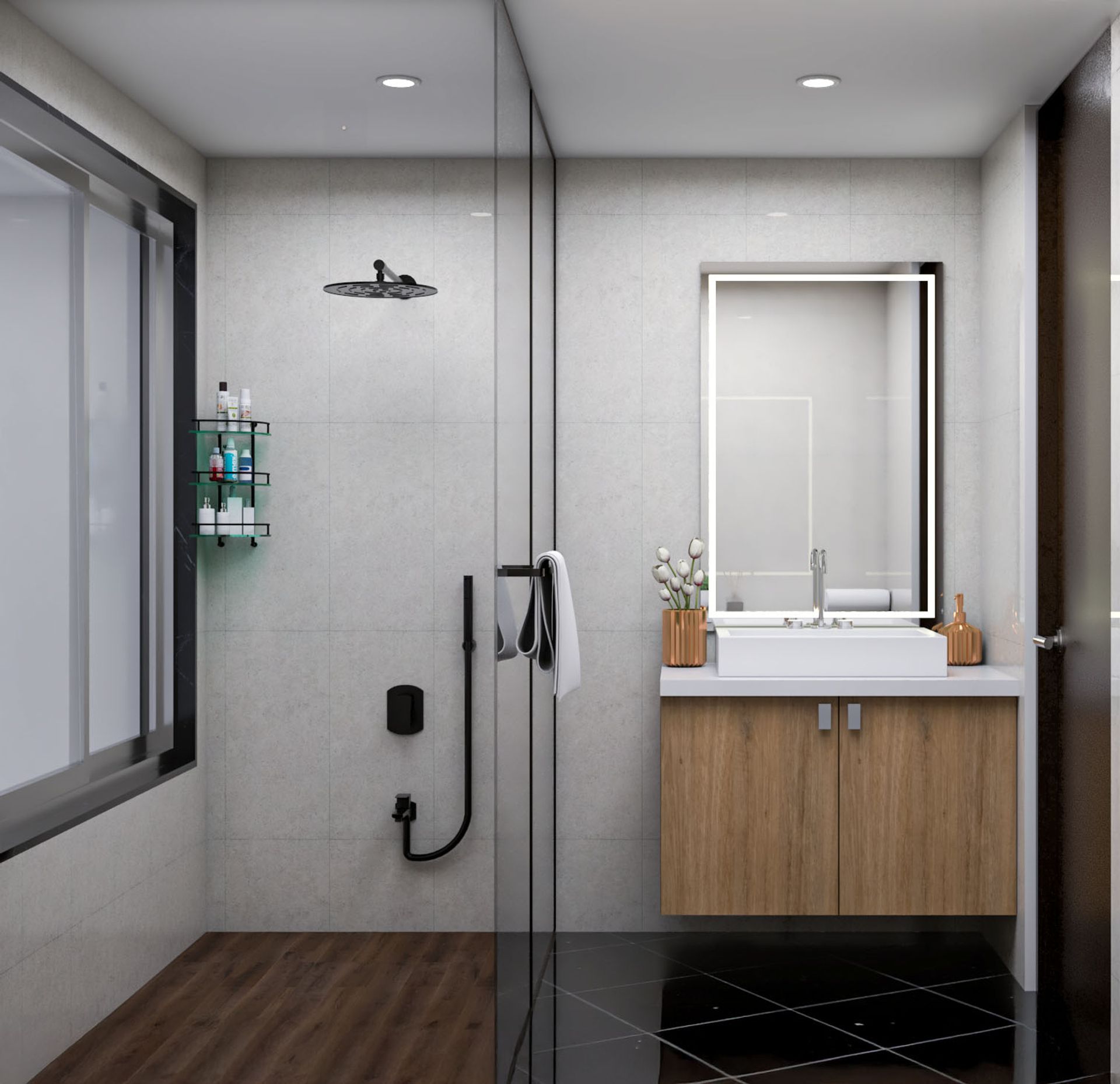 Minimal Bathroom Design with Glass Shower, Wooden Flooring and Quartz ...