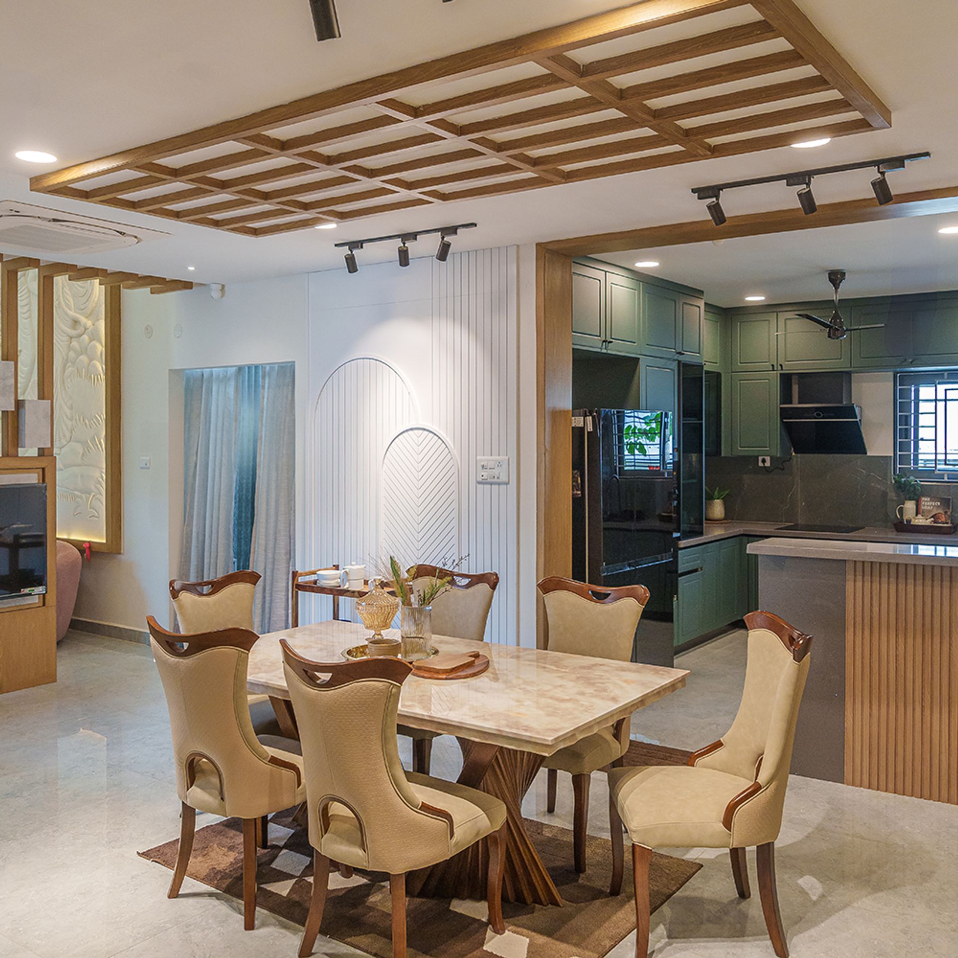 Contemporary Dining Room Design with Wooden Ceiling Wooden Ceiling and ...