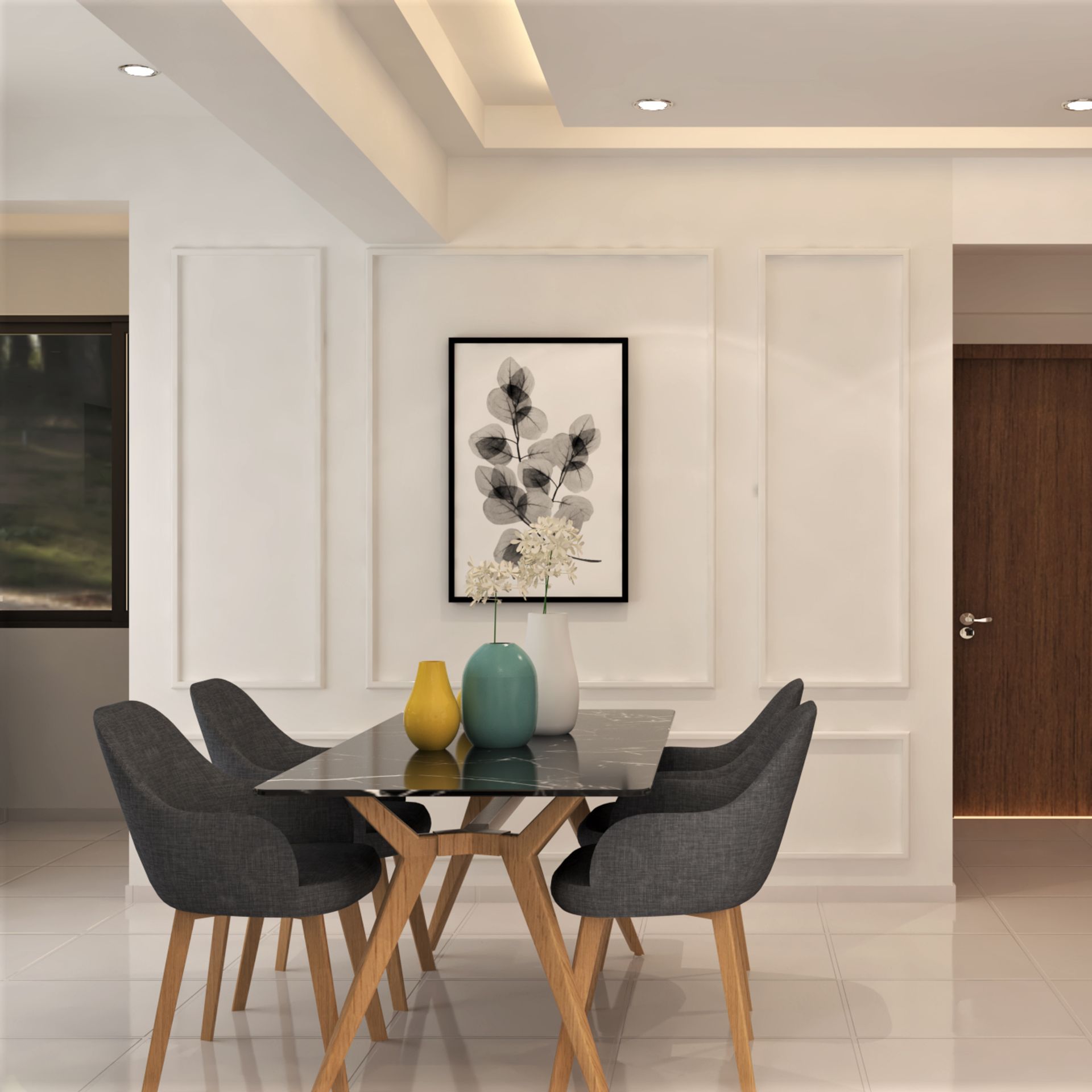 Off-White Modern Flooring Design with Classic Wainscoting Wall Backdrop ...