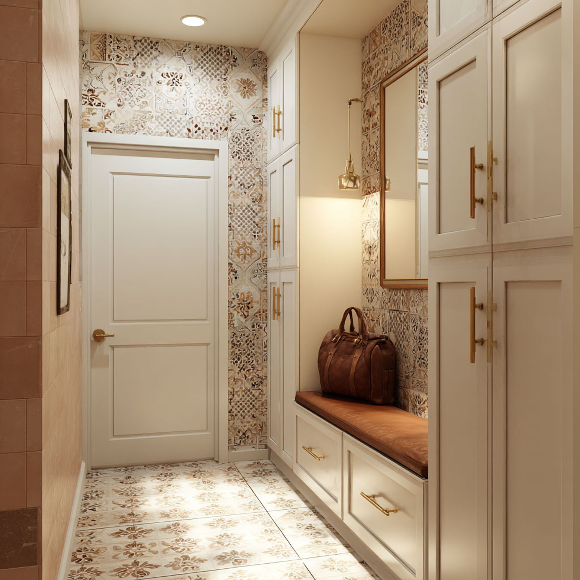Transitional Foyer Design with Large Storage Unit and Feature Wall ...