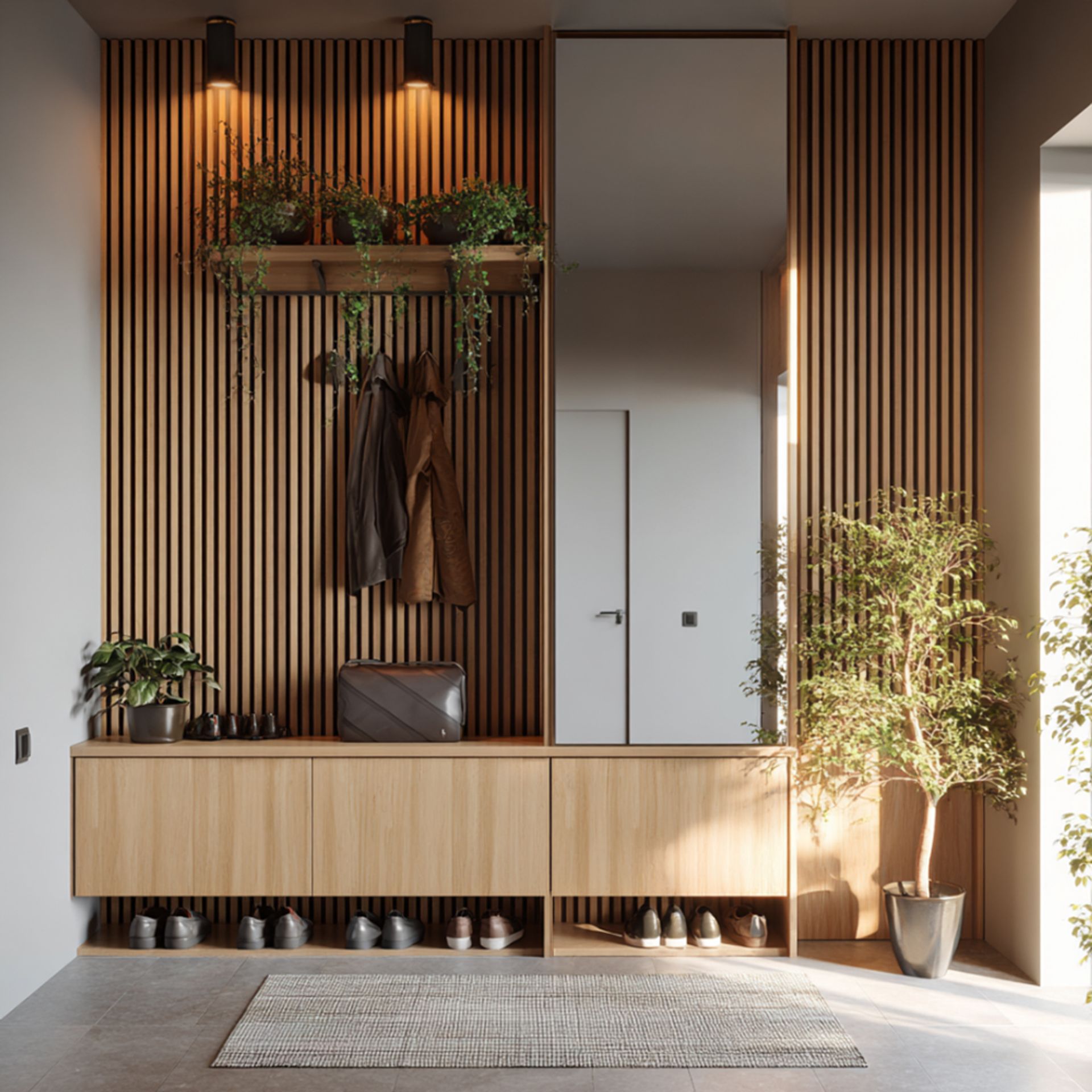 Modern Foyer Design with Concealed Storage and Hanging Plants | Livspace