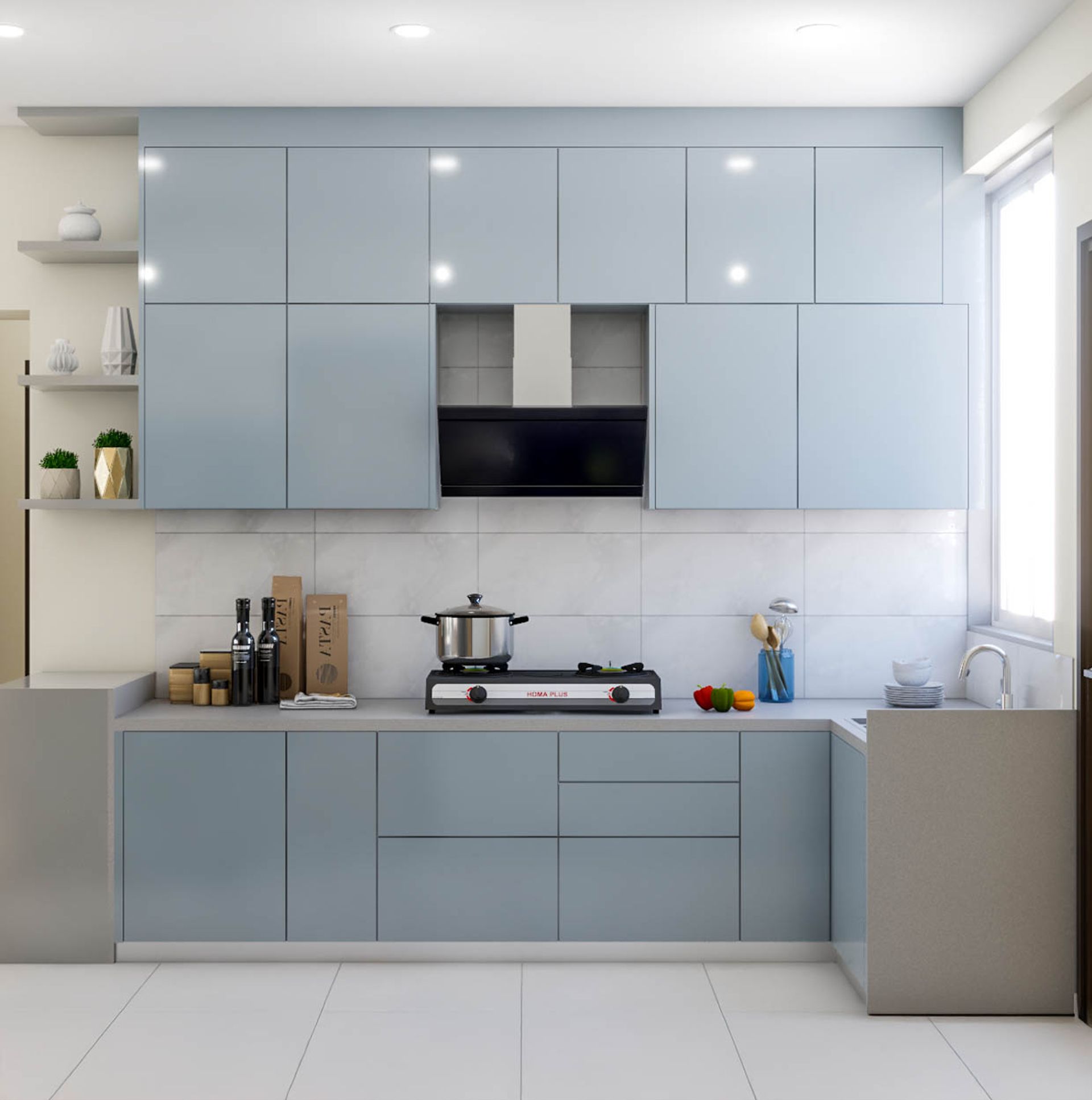 Blue Modern Parallel Kitchen Design with Granite Countertop and Open ...