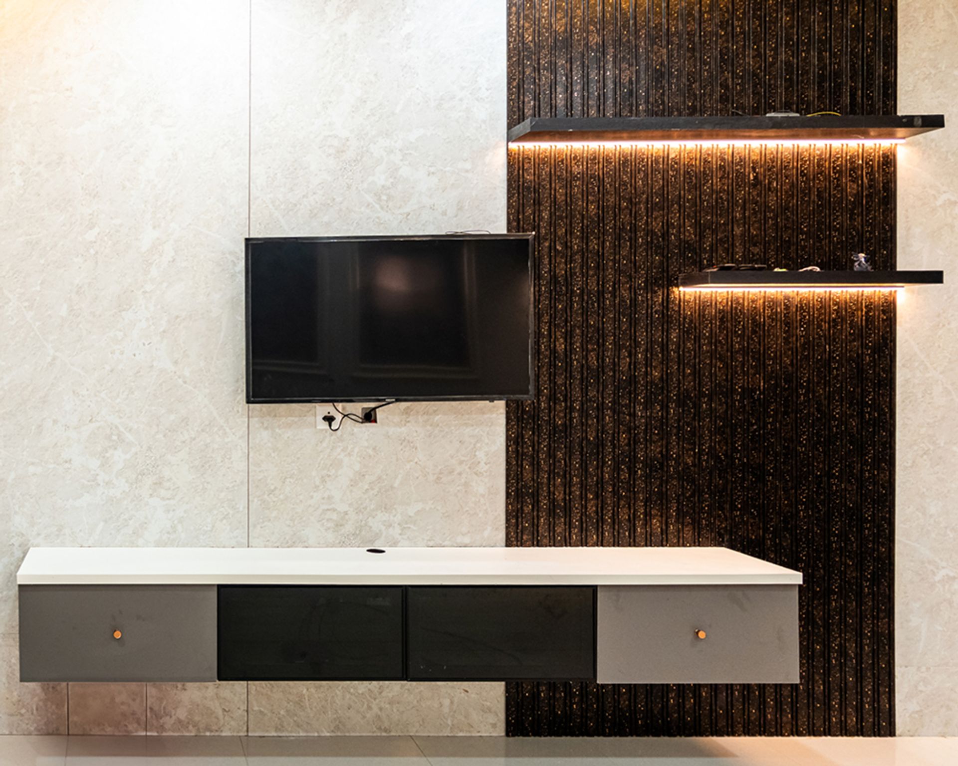 Modern Grey TV Unit Design With Integrated LED Lighting, Wall Panel and ...