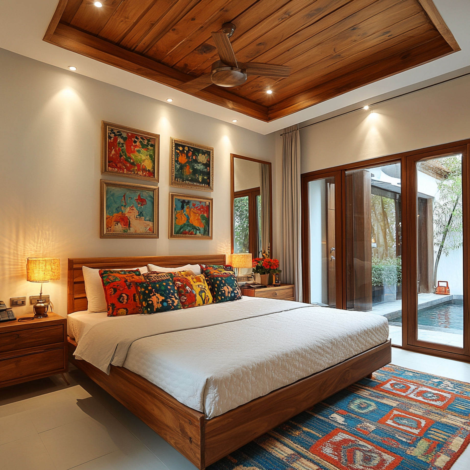 Master Bedroom Design with Bohemian Wooden Furnishings and Vibrant Wall ...