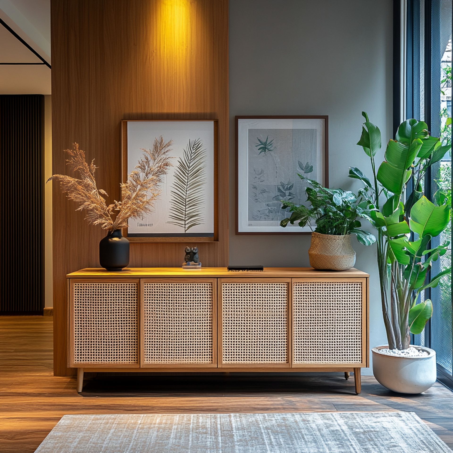 Bohemian Foyer Design with Cane Cabinetry, Lush Greenery, and Artistic ...