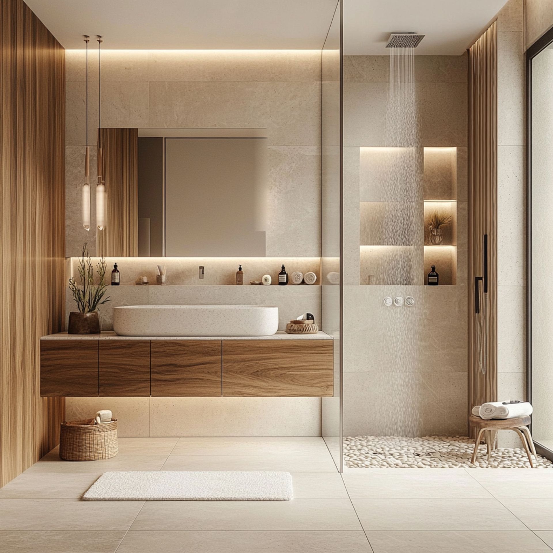 Bathroom Design with Modern Vanity Unit With Drawers, Glass Shower Partition and Rectangular ...