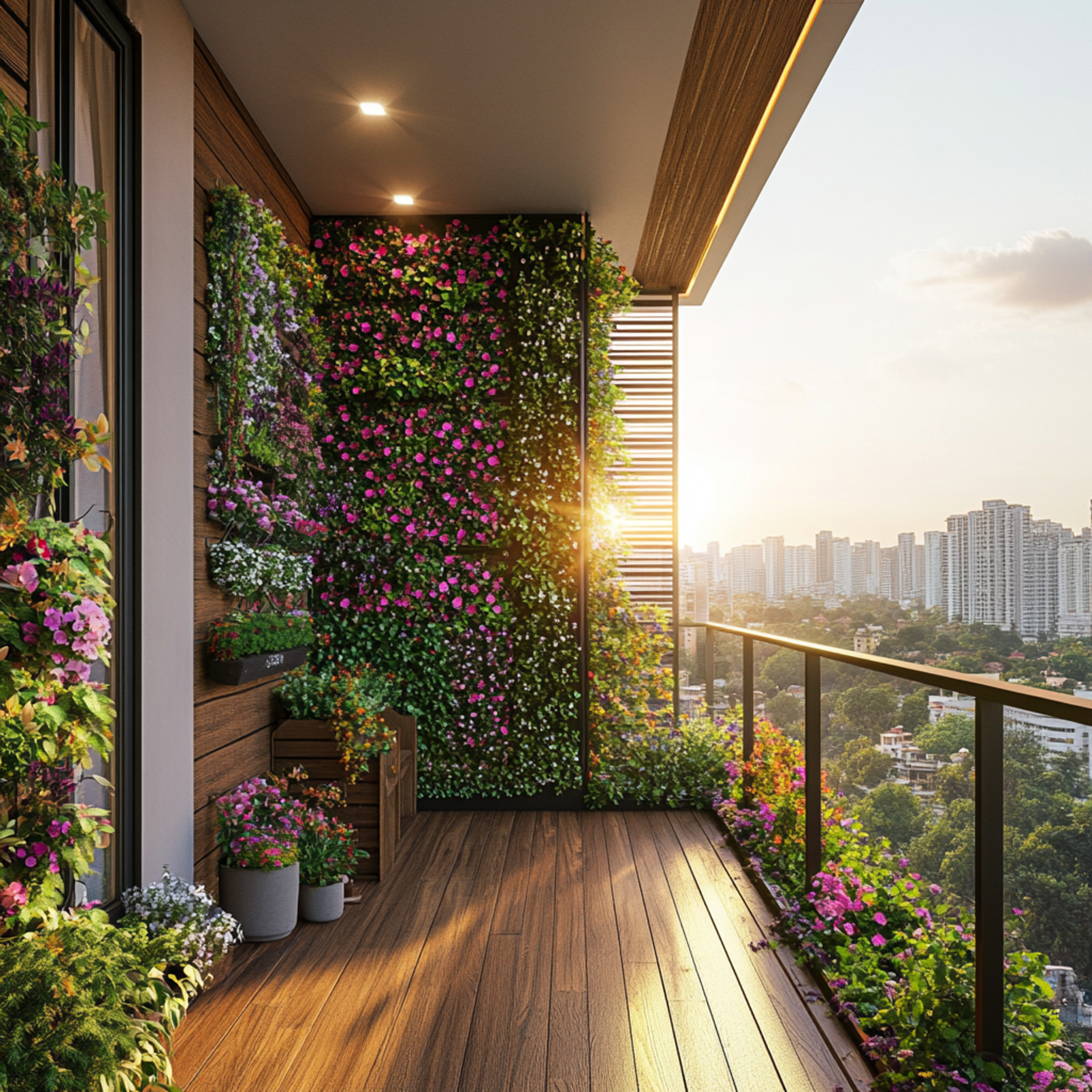 Balcony Design with Bohemian Vertical Garden, Wooden Panel Wall, and ...