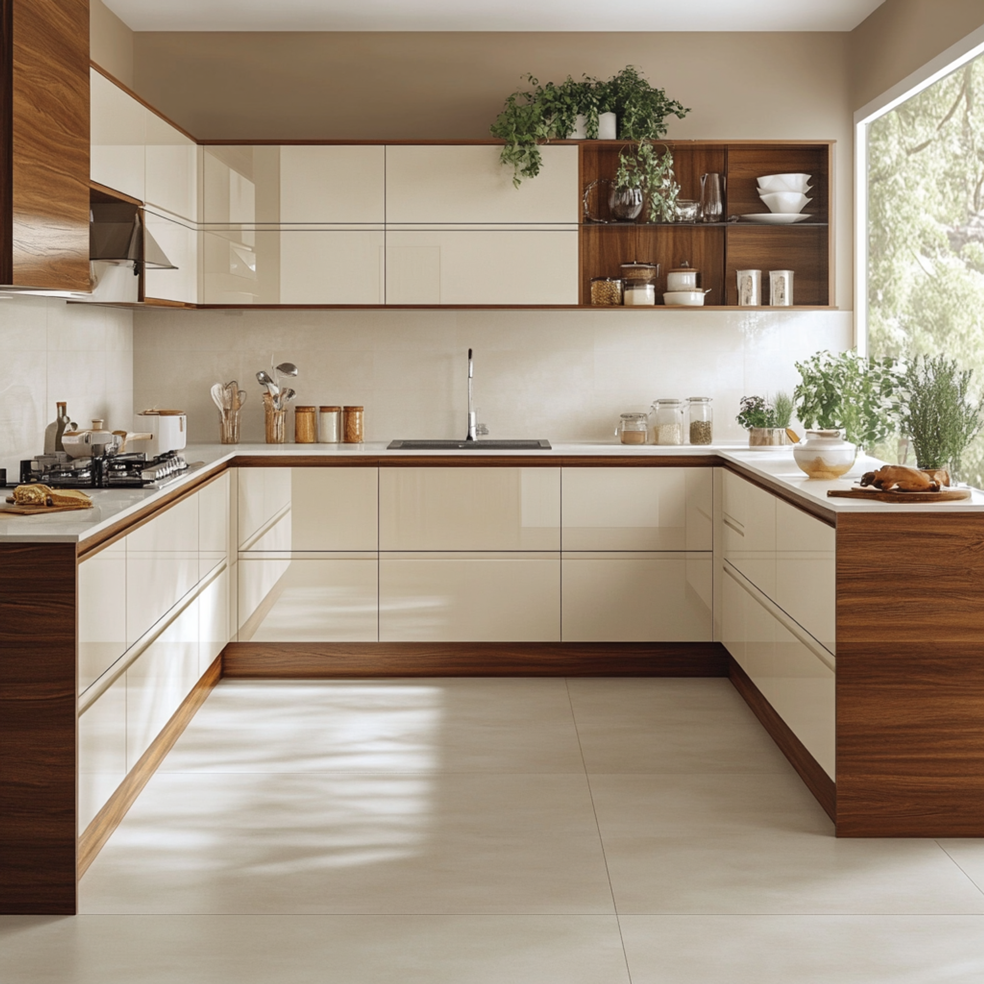 High Gloss Finish U-Shaped Contemporary Kitchen Design with Marble ...