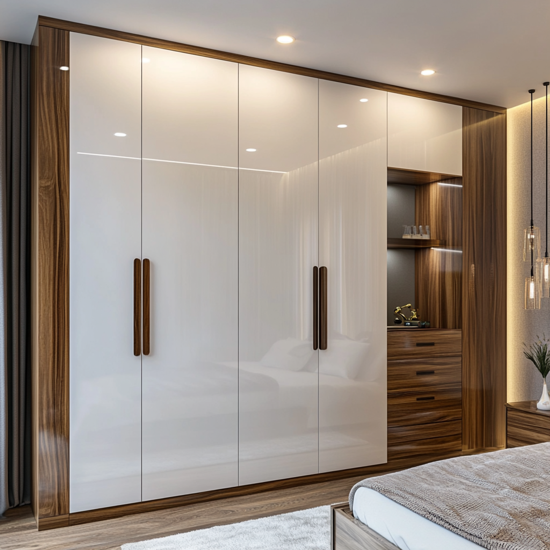 4-Door Modern Swing Wardrobe Design with White and Wood Finish and High ...