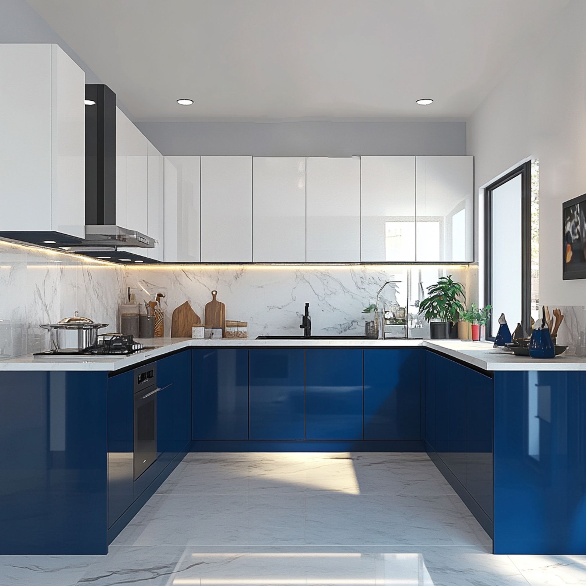 Modern U-Shaped Kitchen Design with Premium Marble Countertop and Smart ...