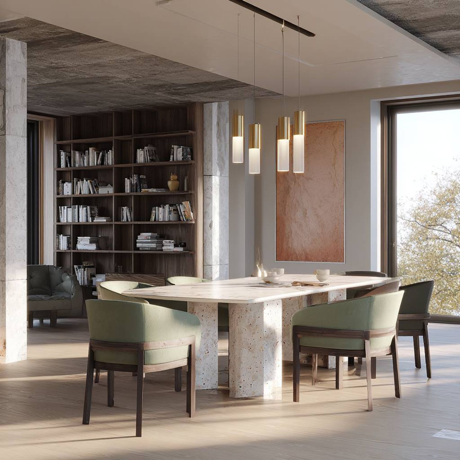 Modern Dining Room Design Featuring Marble Table and Sleek Bookshelf ...