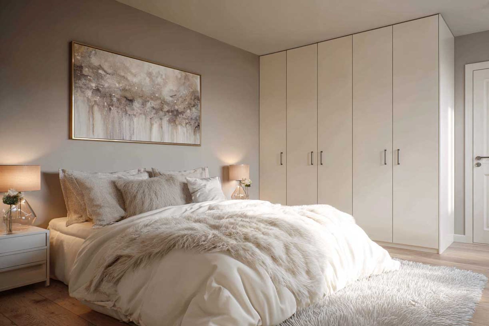 Off White 5-Door Modern Swing Wardrobe Design with Suede Finish | Livspace