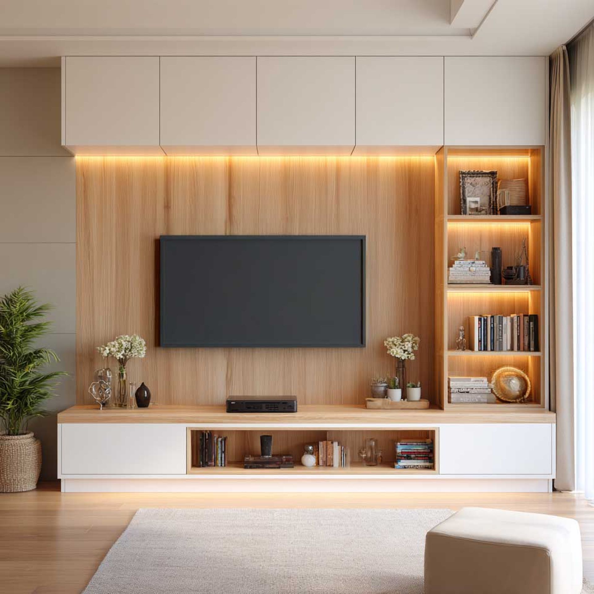 Wall-to-Wall Contemporary TV Unit Design with Marble-Look Panels | Livspace