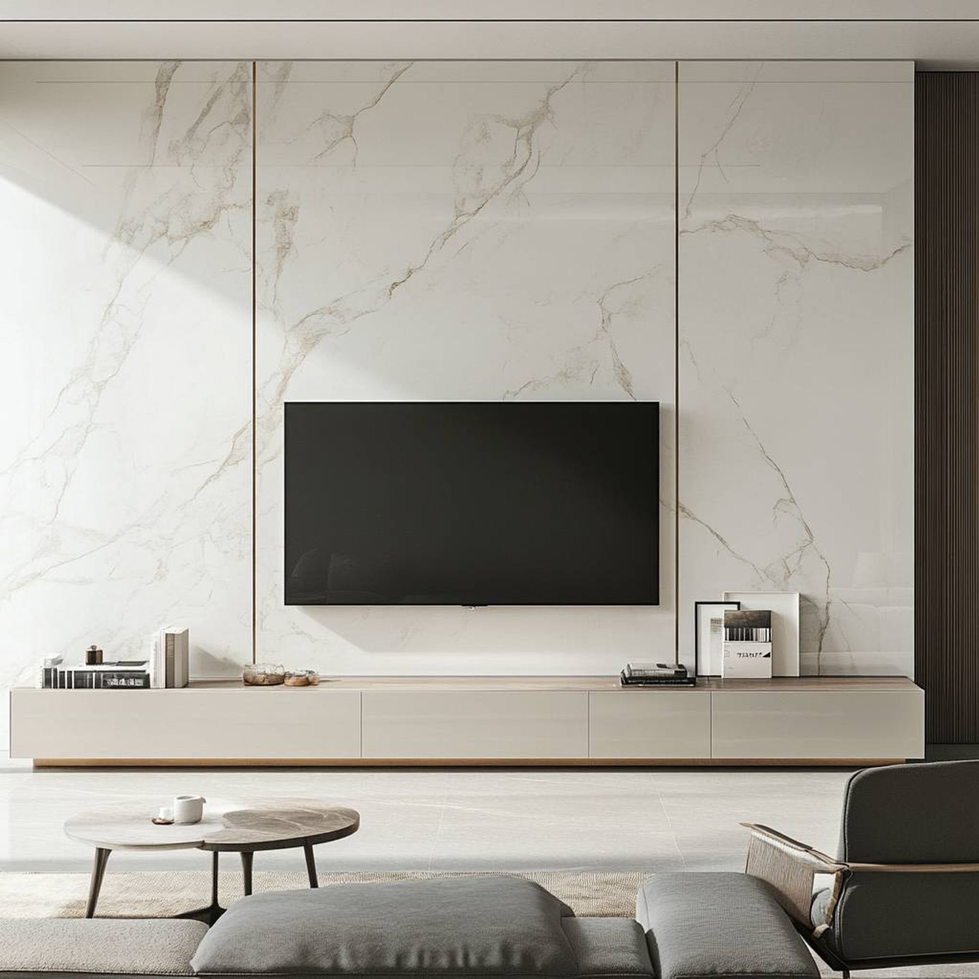 Minimal Beige TV Unit Design with Suede Finish Laminate Shutters and ...