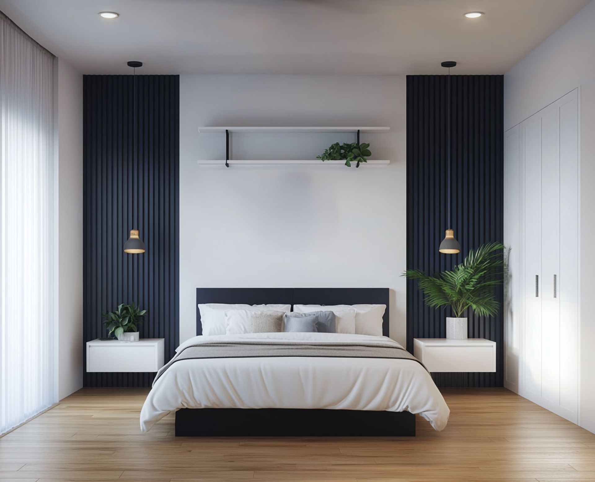 Master Bedroom Design with Modern Queen Bed, Storage and Pendant and ...