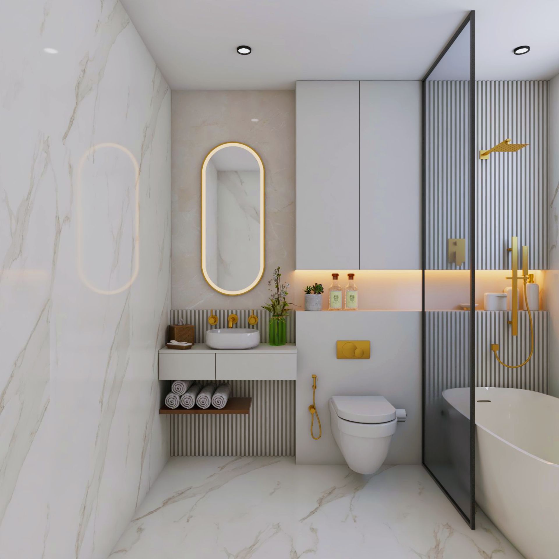 Mid-Century Modern Bathroom: Glass Partition & Oval Mirror | Livspace