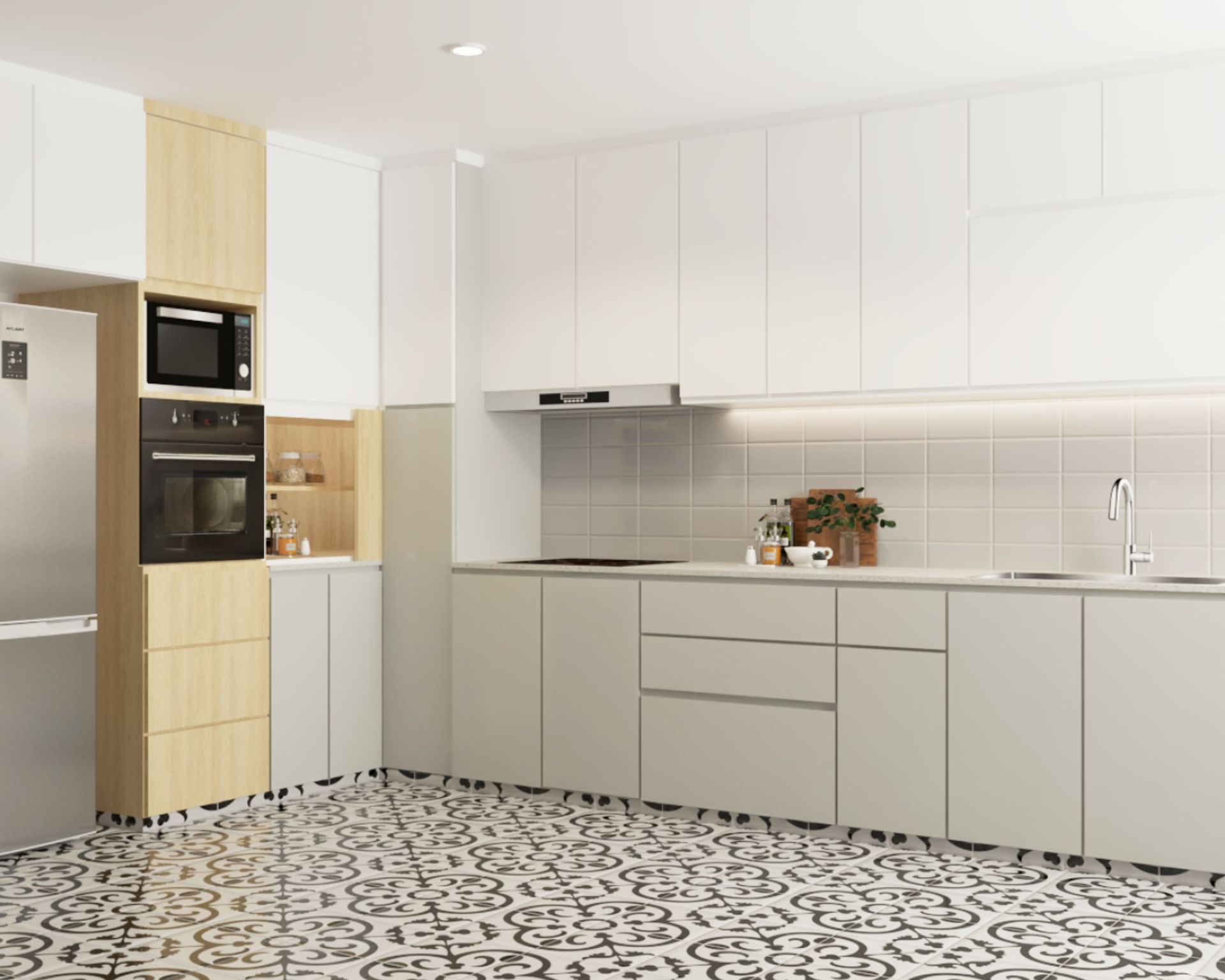 Neutral-Toned Kitchen Interior Design With Profile Lighting | Livspace