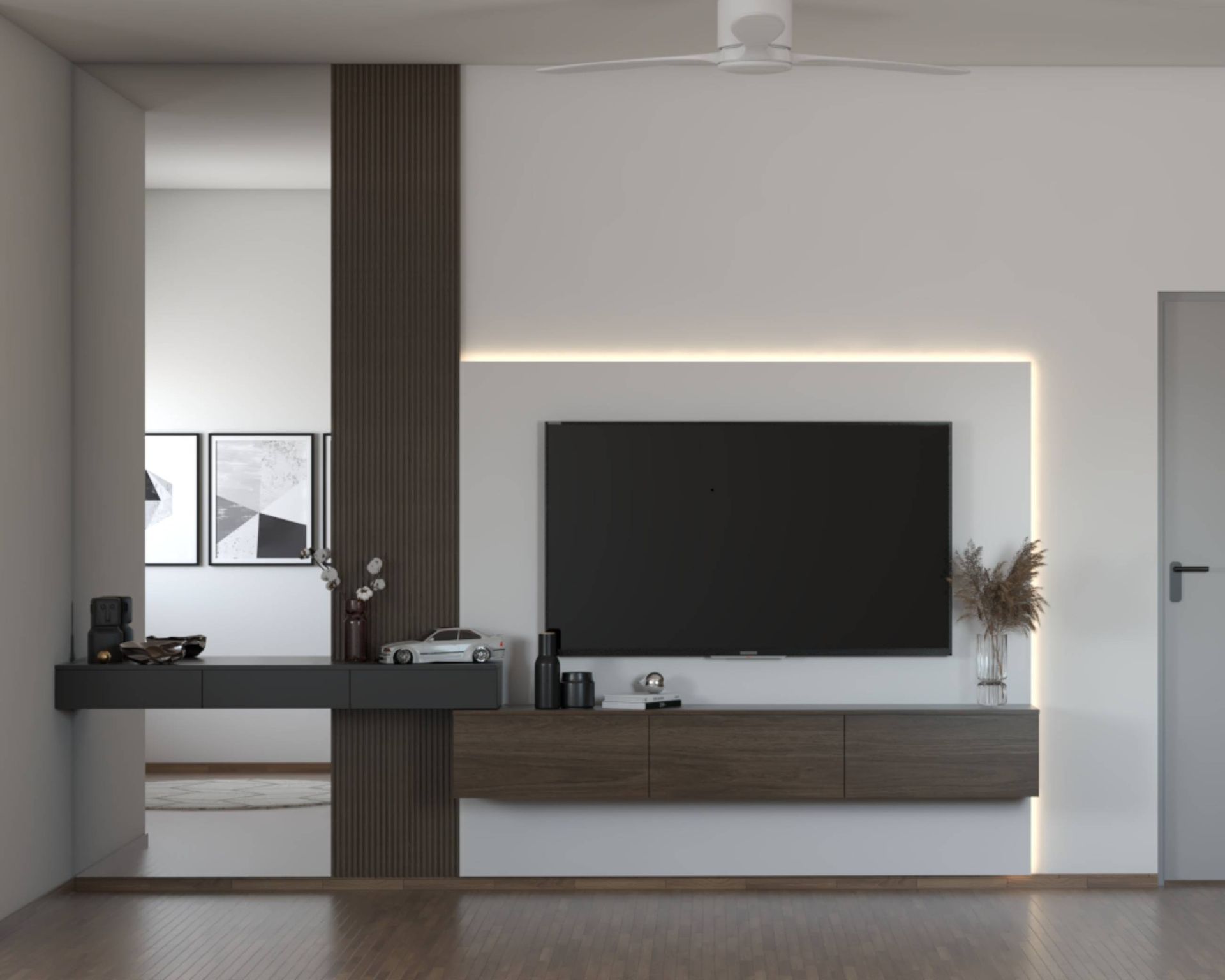 Brown TV Unit Design With White Back Wall | Livspace
