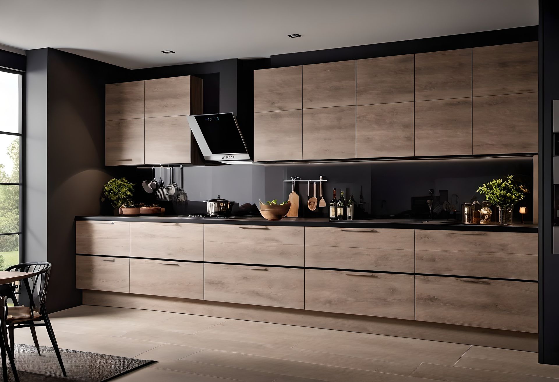 Warm Rustic Kitchen: Dark Countertop & Wooden Cabinets Design | Livspace