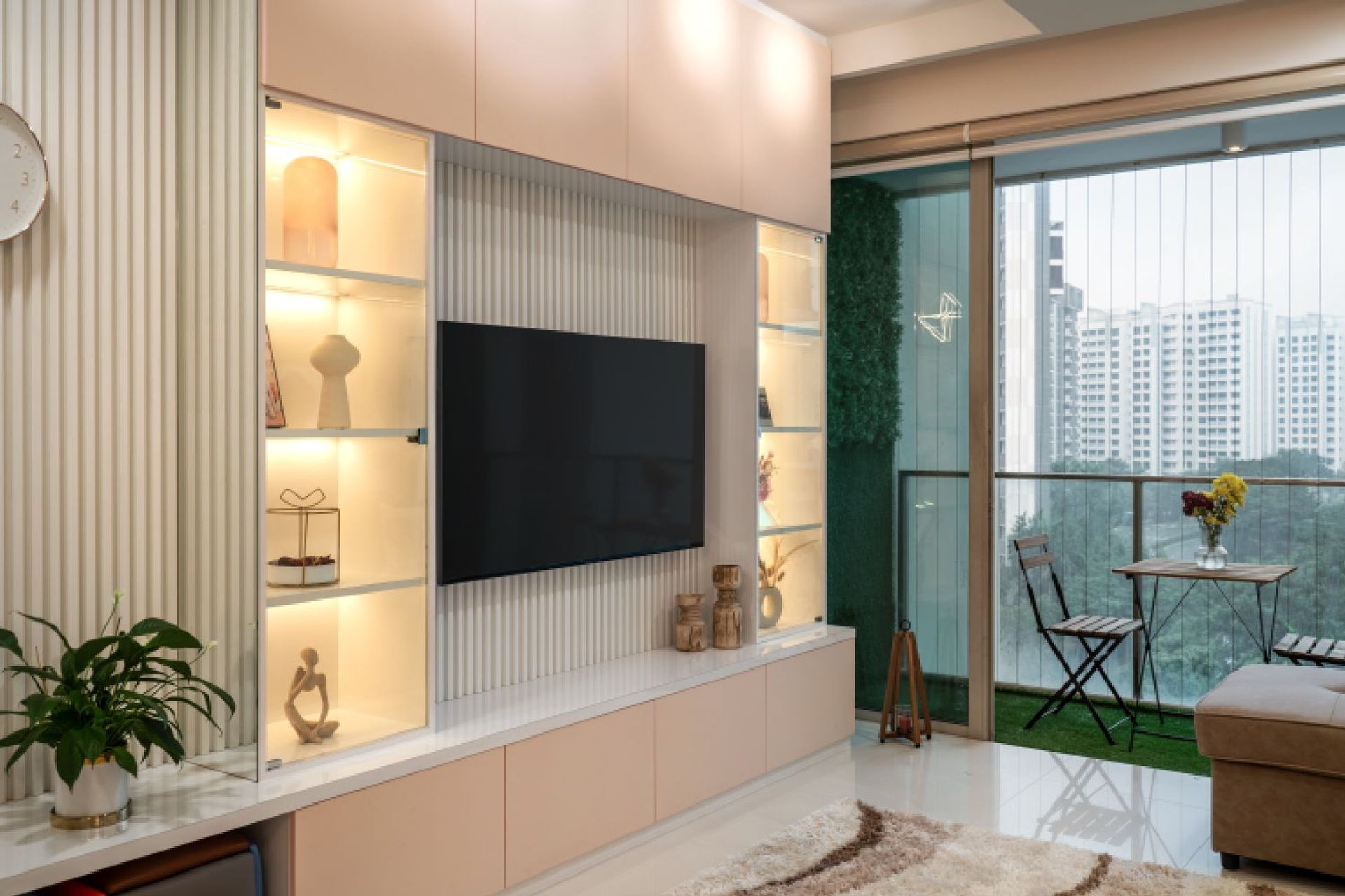 Compact Modern White & Pink TV Unit with Storage And Wall Fluted ...