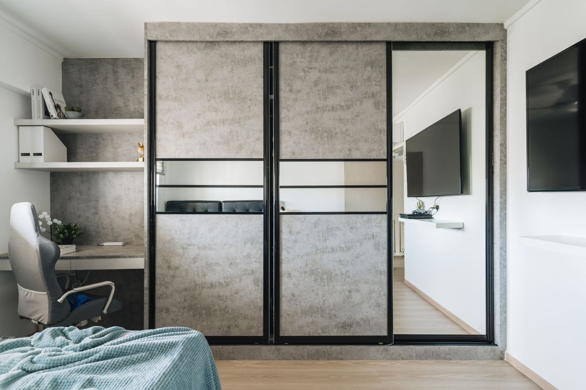 Modern Sliding Wardrobe with Study Unit & Mirror | Livspace