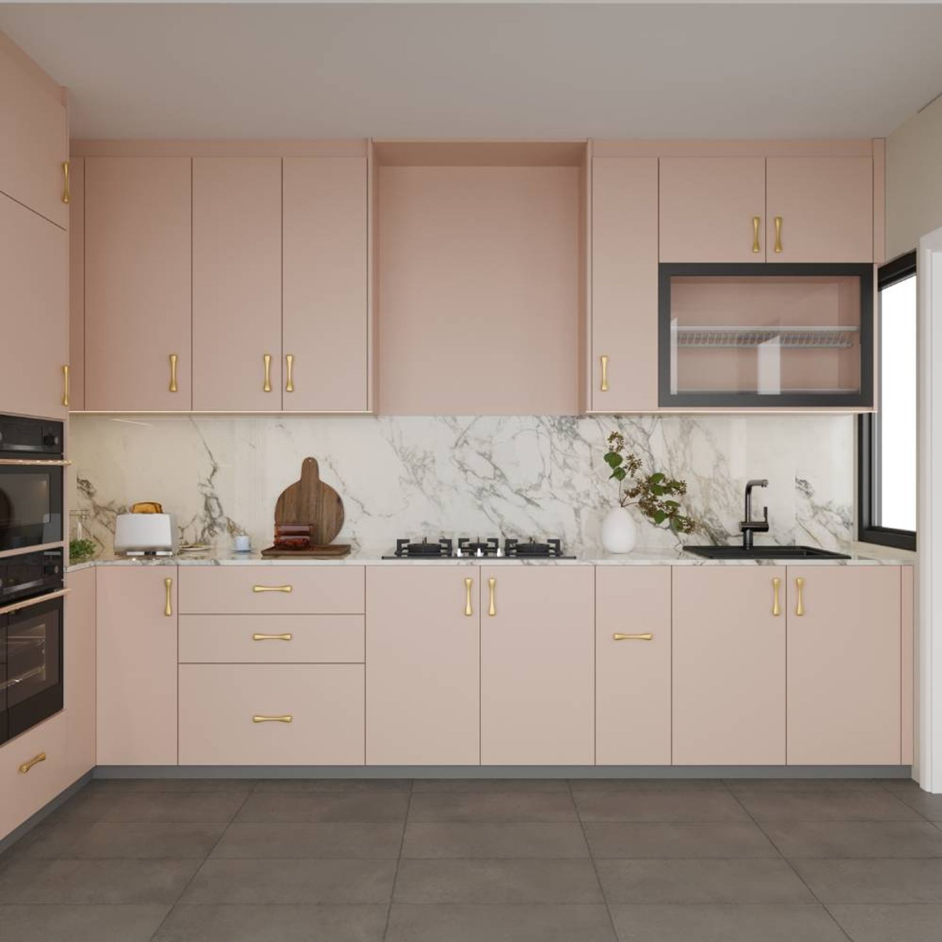 Modern Light Pink L-Shaped Kitchen Design With Marble Backsplash And ...