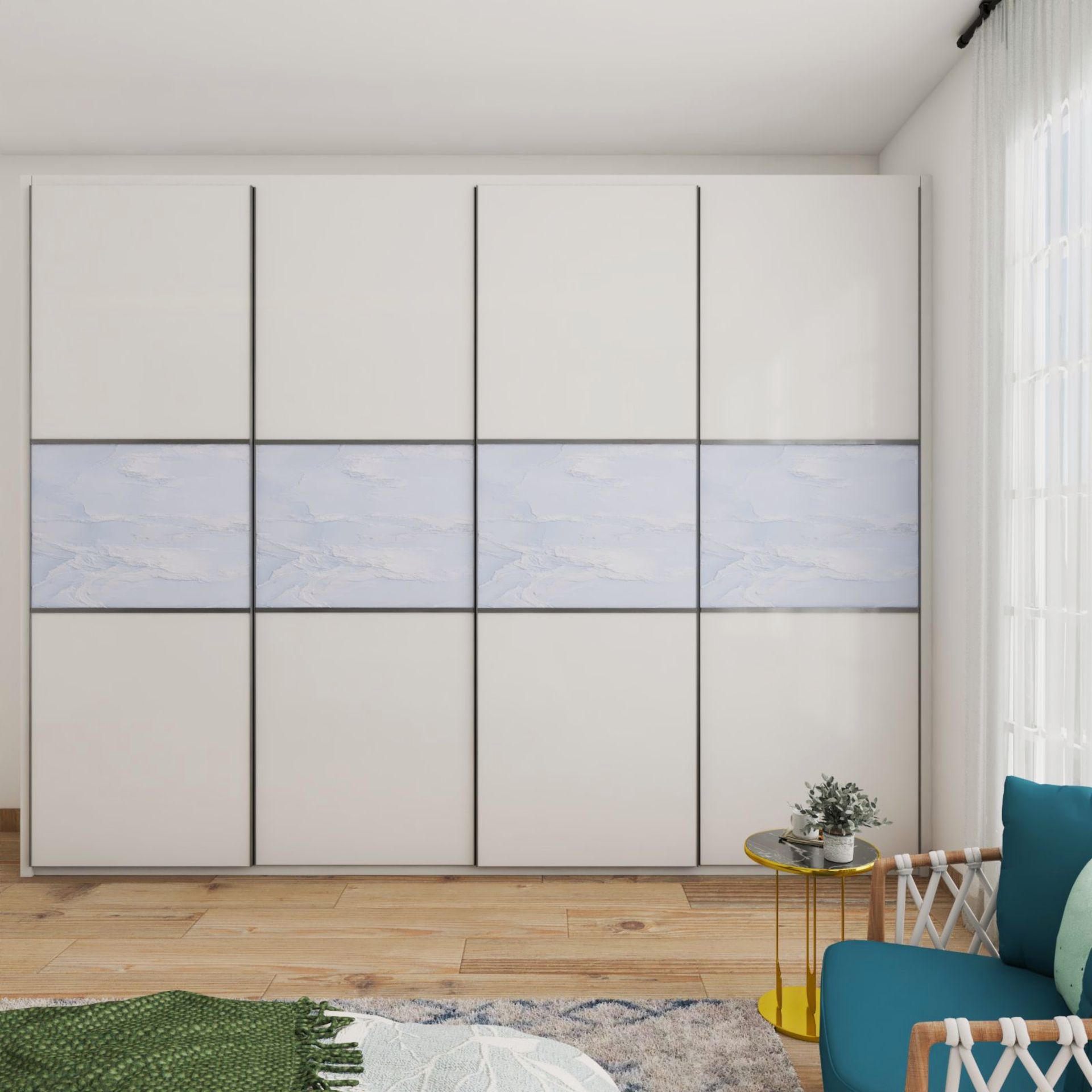 Semi-Glossy White And Textured Blue Swing Wardrobe Design | Livspace