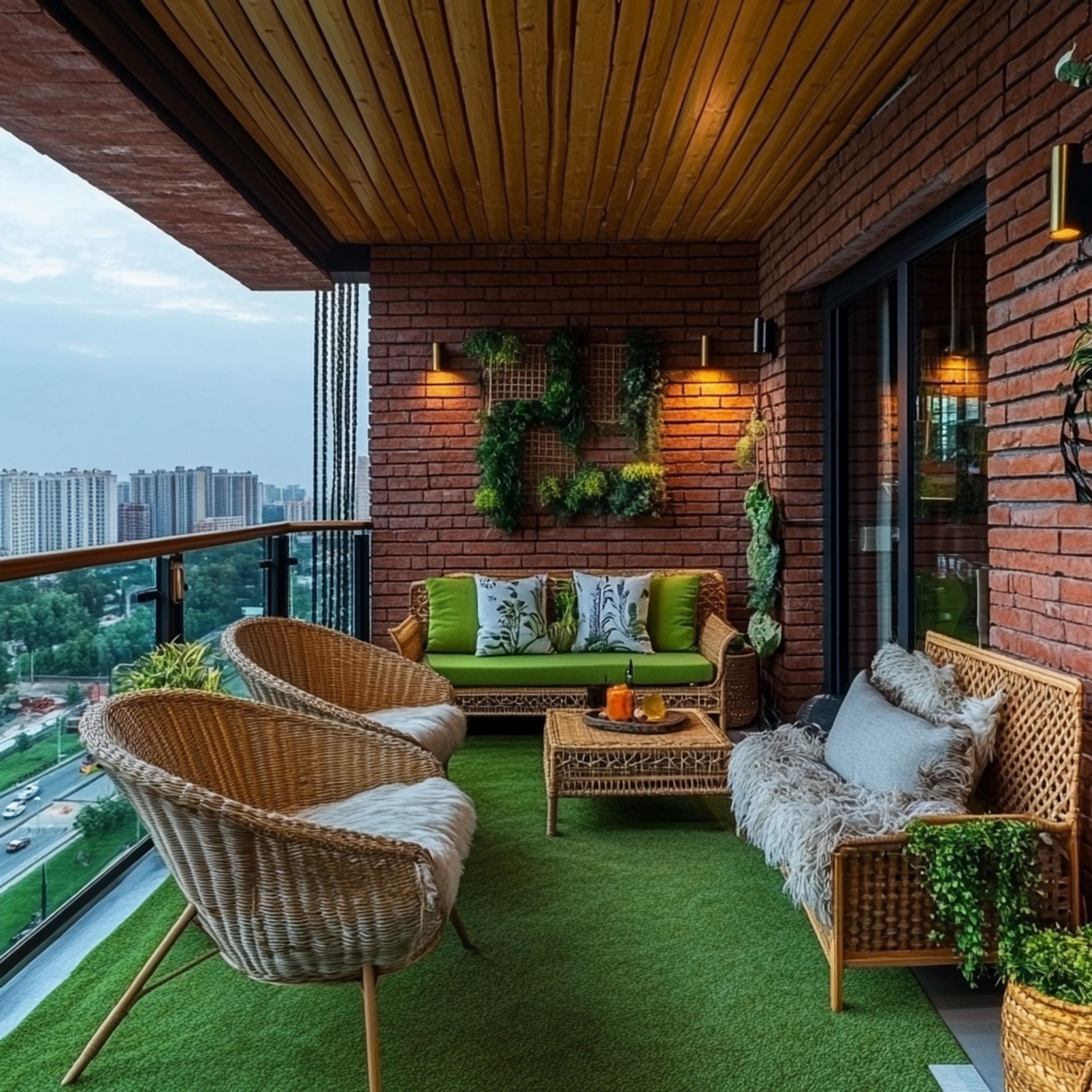 Balcony Design with Contemporary Artificial Grass, Brick Wallpaper, and ...