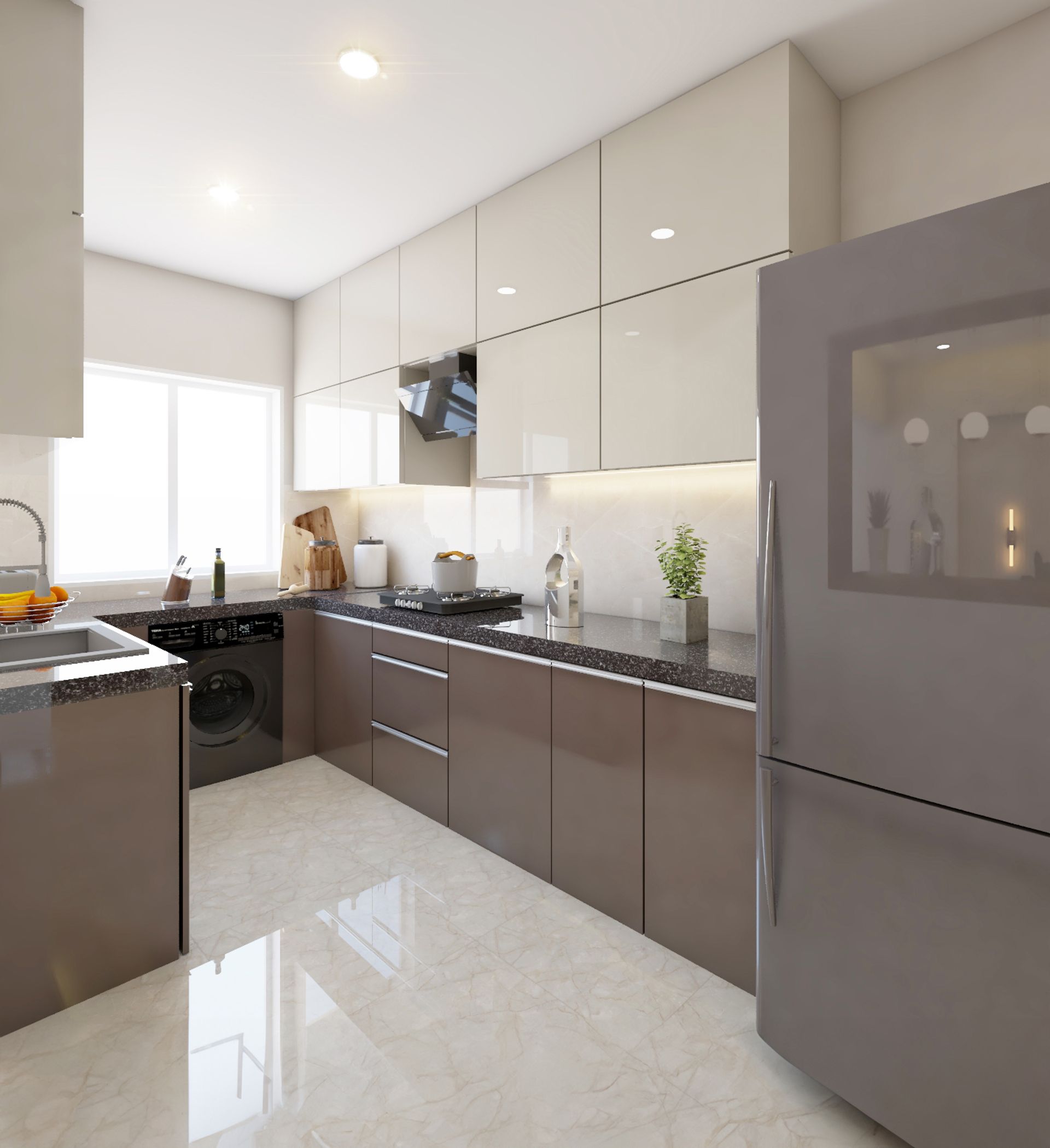 U-Shaped Minimal Kitchen Design with Cream and Champagne Cabinets and ...