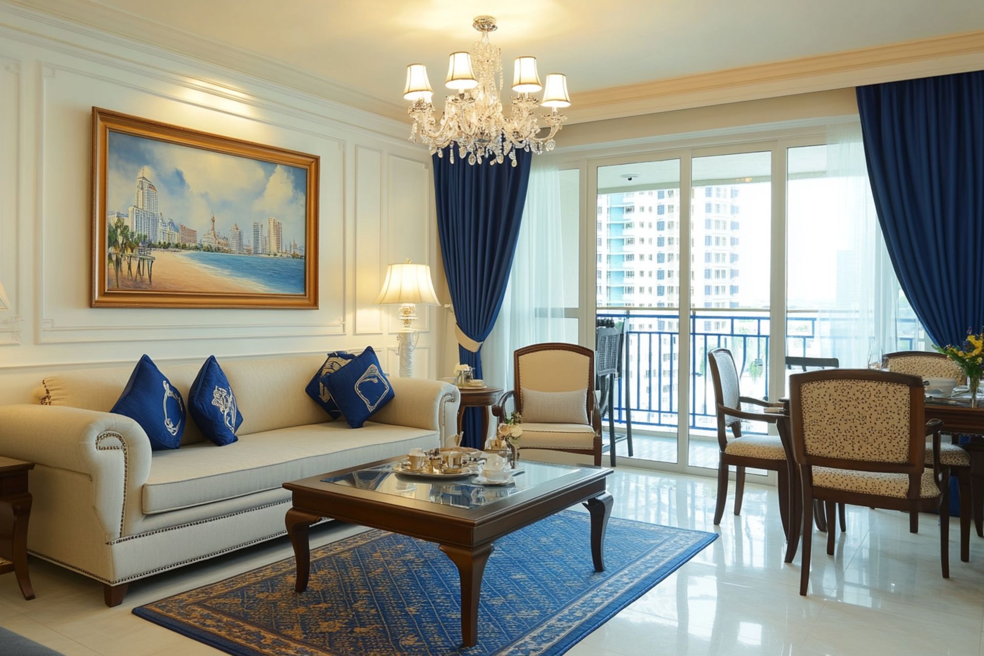 Living Room Design with Classic Chesterfield Cream Sofa, Accent Chair ...