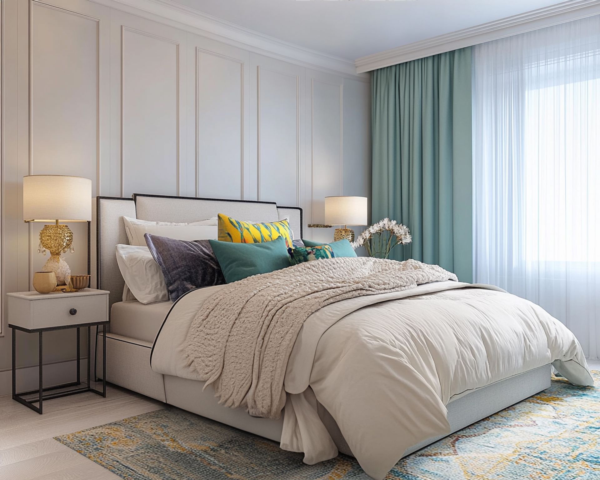 Minimal Master Bedroom Design with Queen Bed, Crystal Lamps, Wooden ...